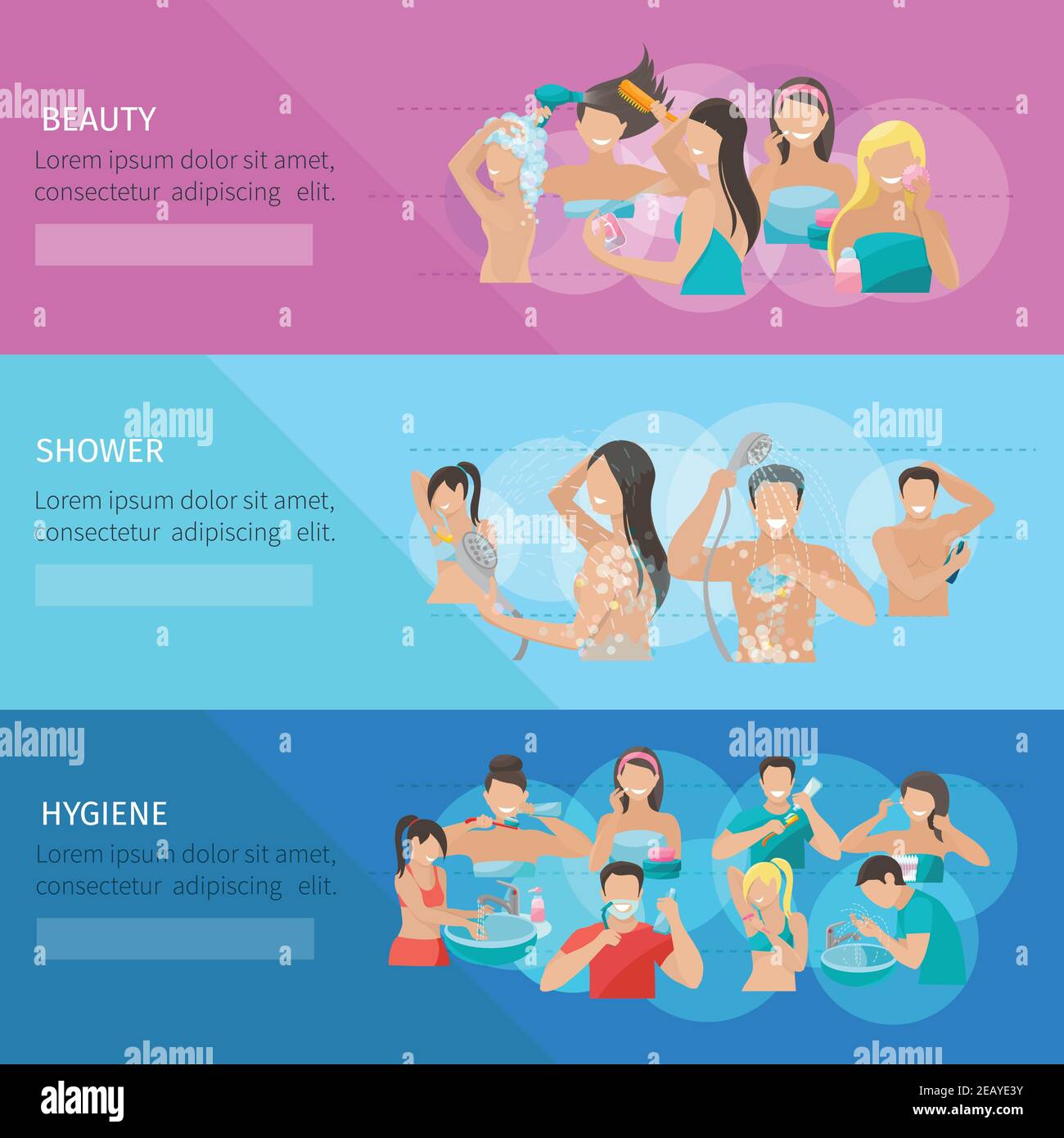 Hygiene horizontal banner set with beauty and shower elements isolated ...