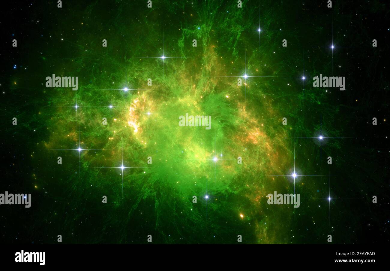 Glowing giant green blob of gas and dust, Lyman-alpha radiation. 3D ...