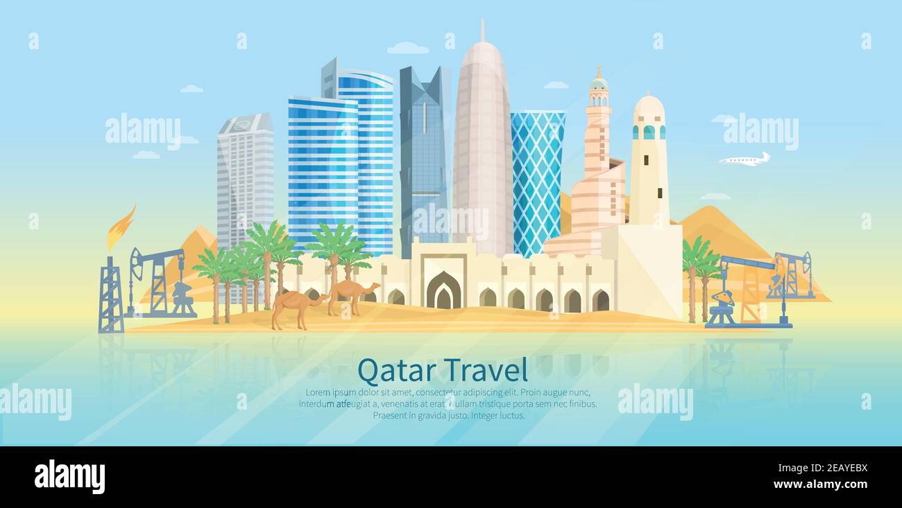 Qatar skyline flat poster with modern buildings camels and oil drilling ...