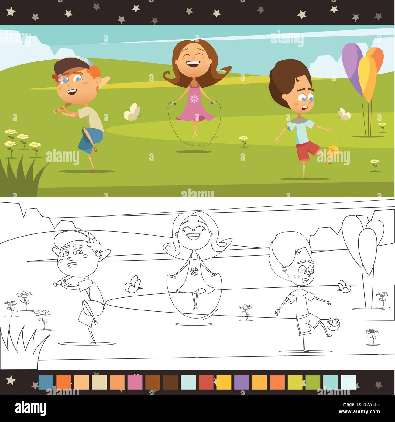Playing kids coloring cartoon horizontal page with color scheme ...