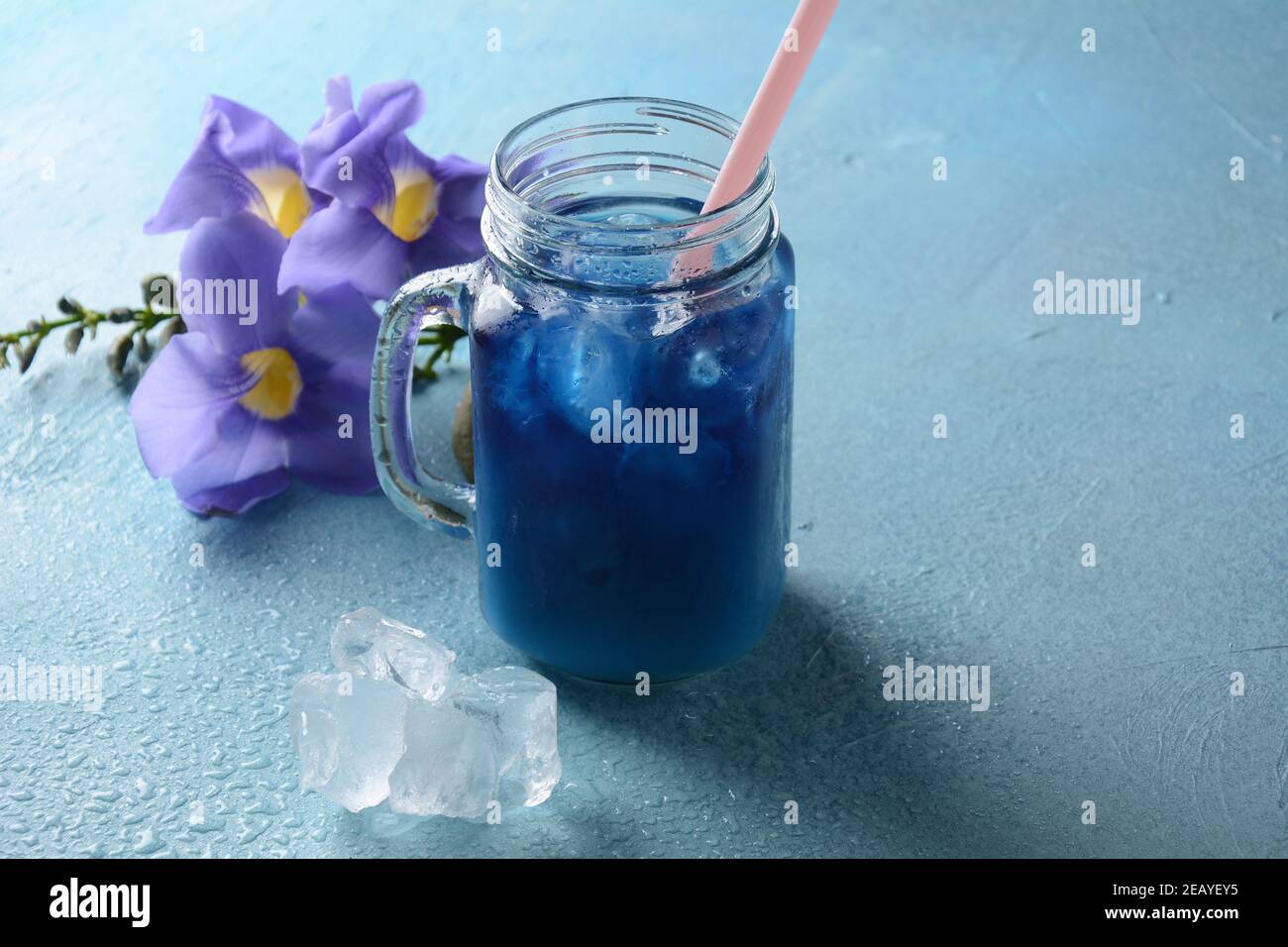 Iced butterfly pea latte. Healthy summer cold beverage, iced organic ...