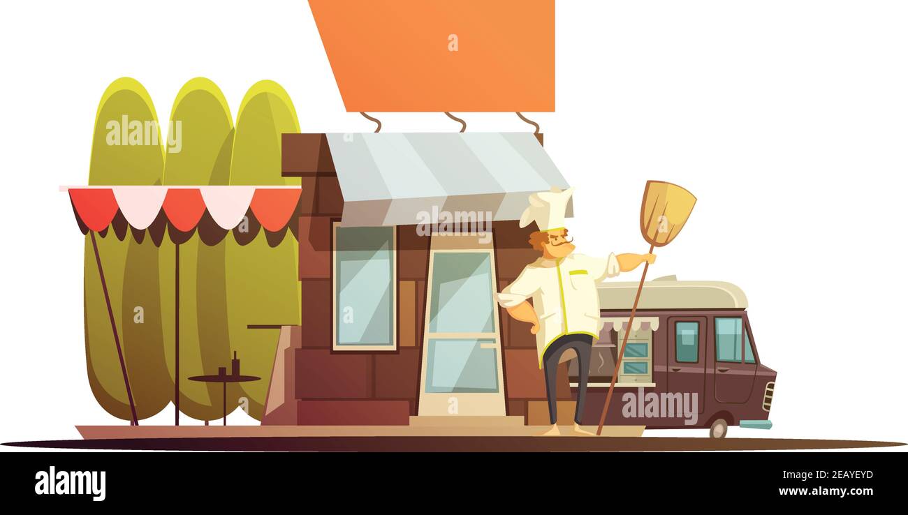 Local store building with owner trees and van cartoon vector ...