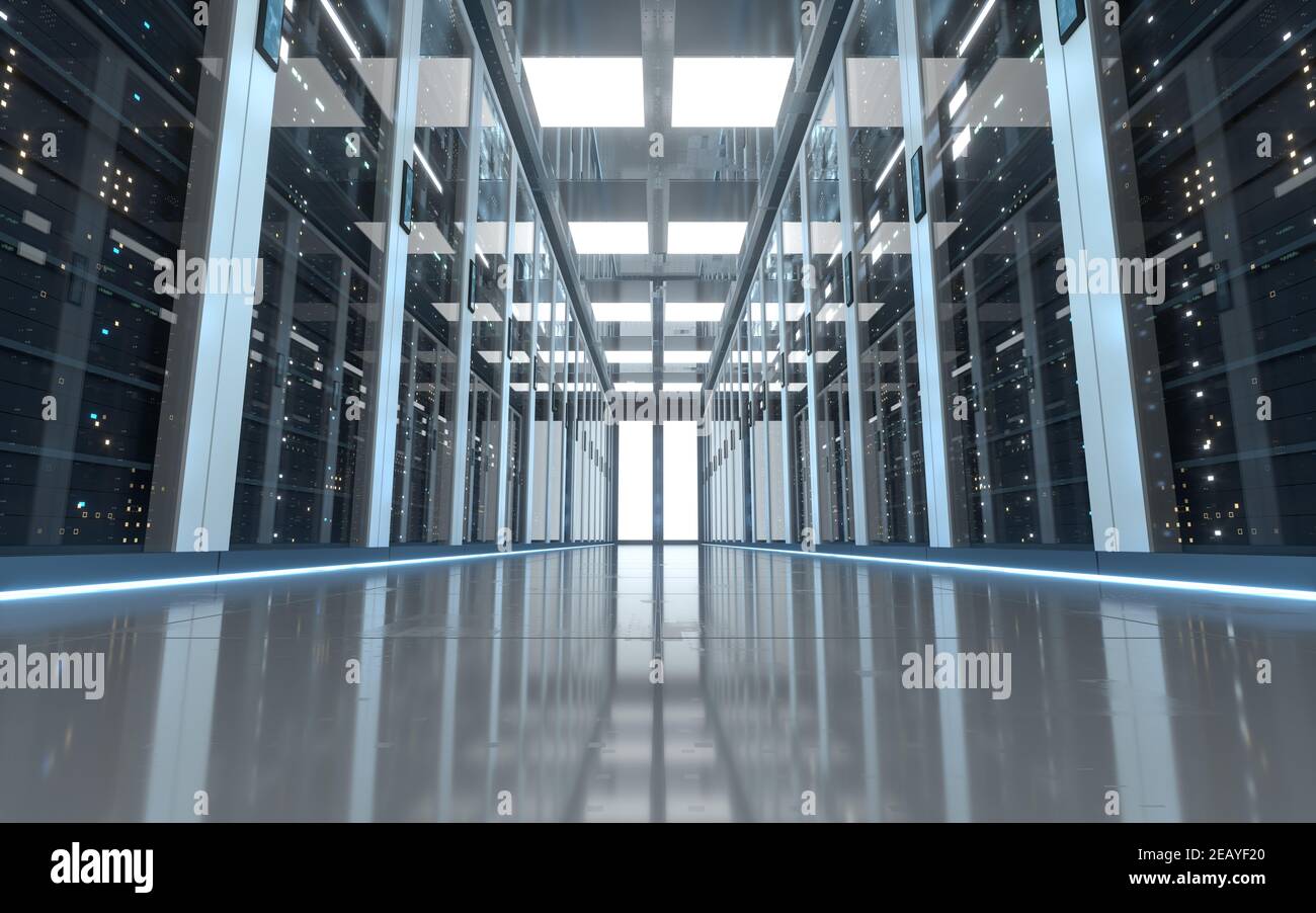 Server racks in computer network security server room data center, 3d ...