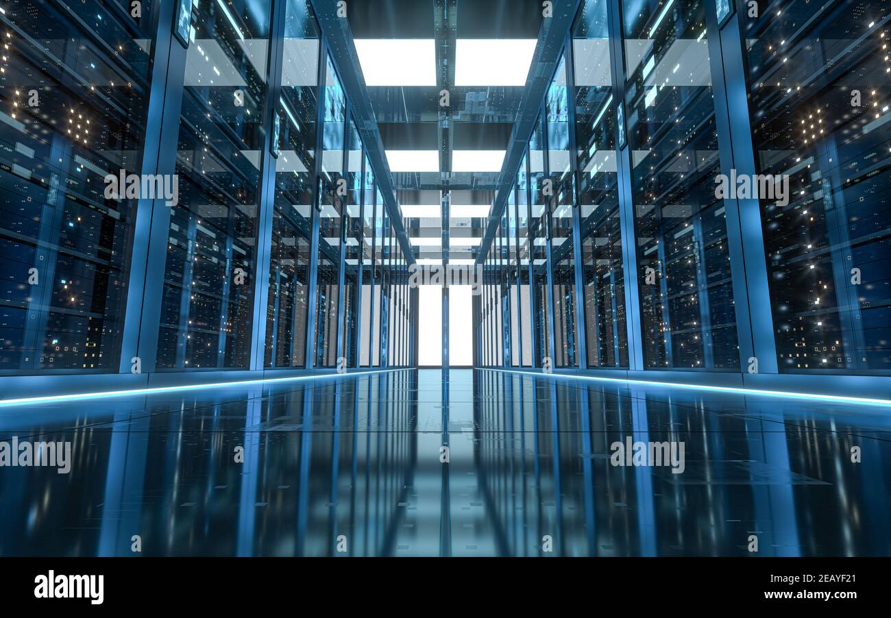 Server racks in computer network security server room data center, 3d ...