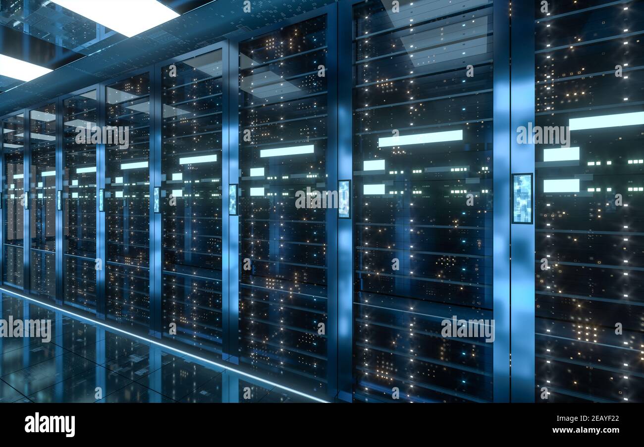 Server racks in computer network security server room data center, 3d ...