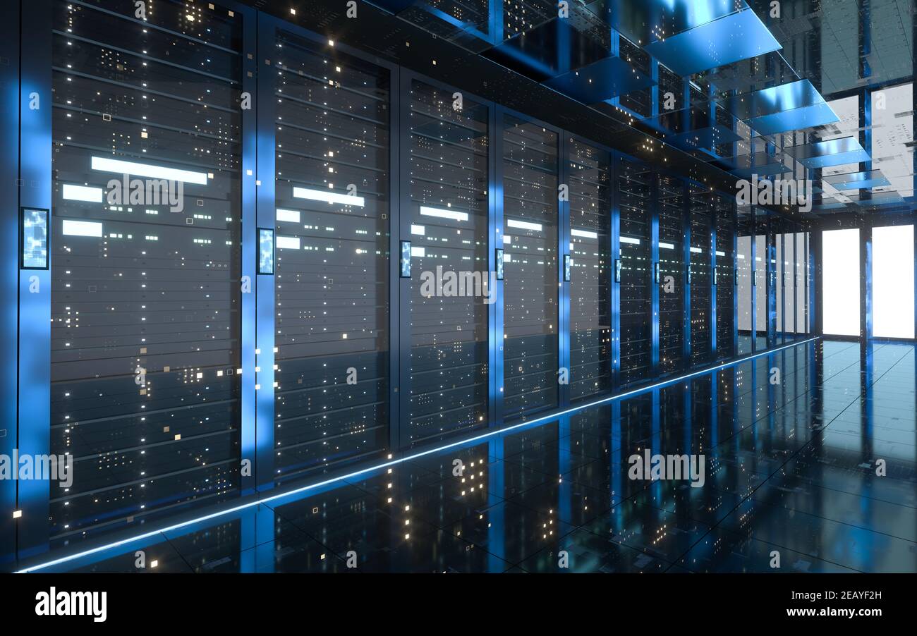 Server racks in computer network security server room data center, 3d ...