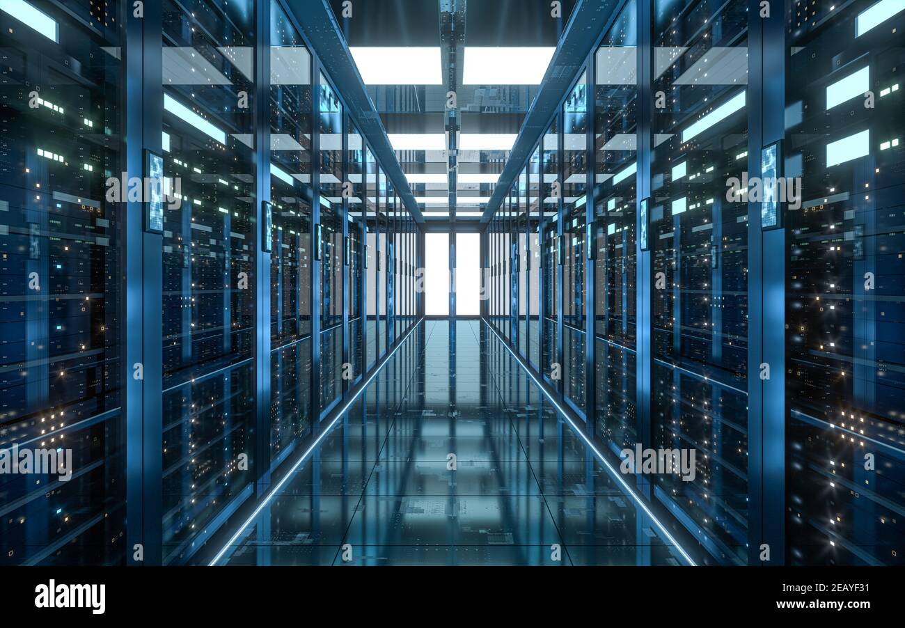 Server racks in computer network security server room data center, 3d ...