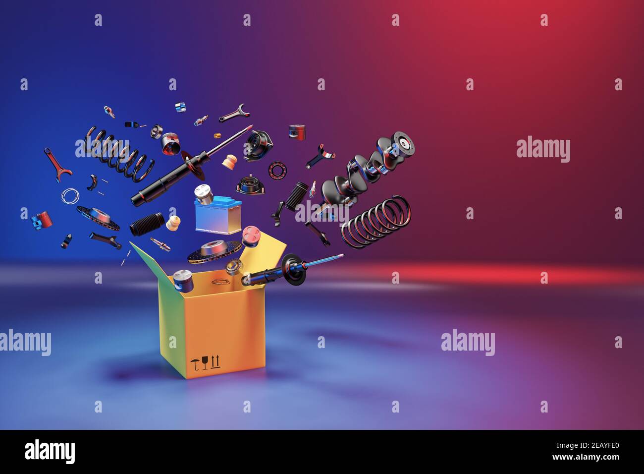 Many spare parts flying out of the box gray background. Isolated auto ...