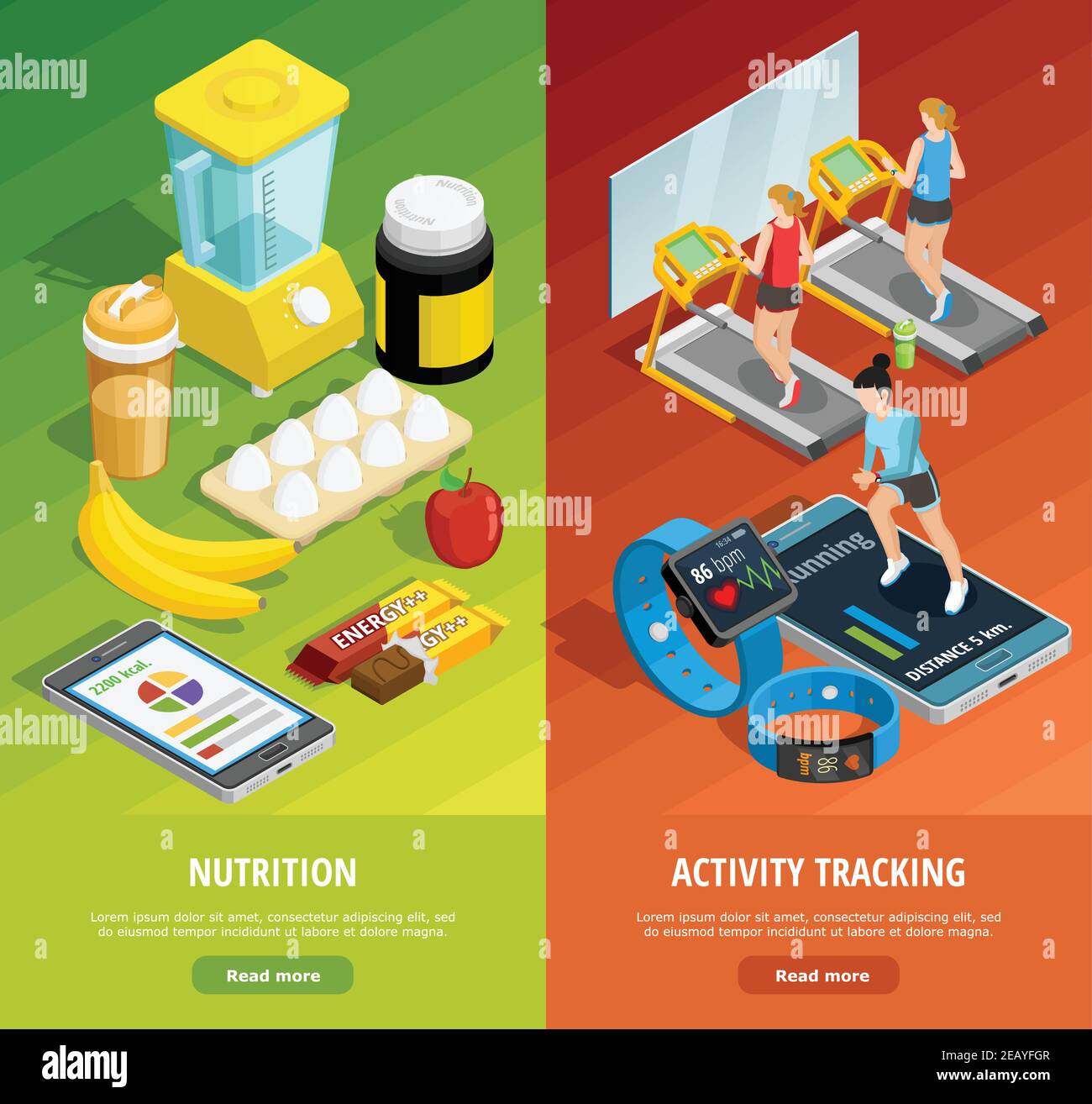 Colorful gym isometric vertical banners with healthy lifestyle ...