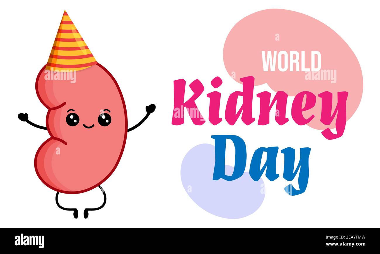 World kidney day. Cartoon kidney wear birthday party hat and celebrate ...
