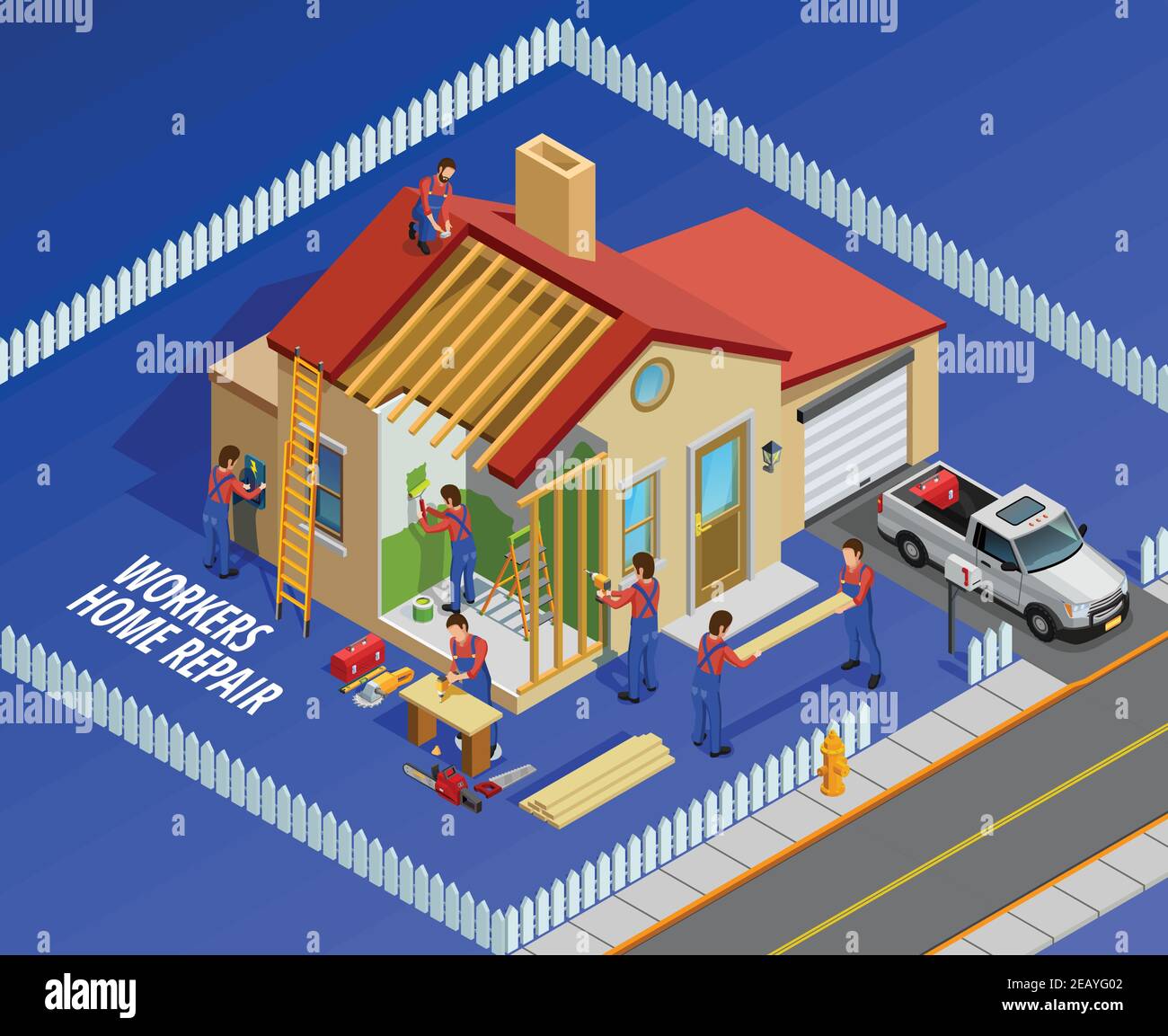 Repair works isometric template with house workers and different ...