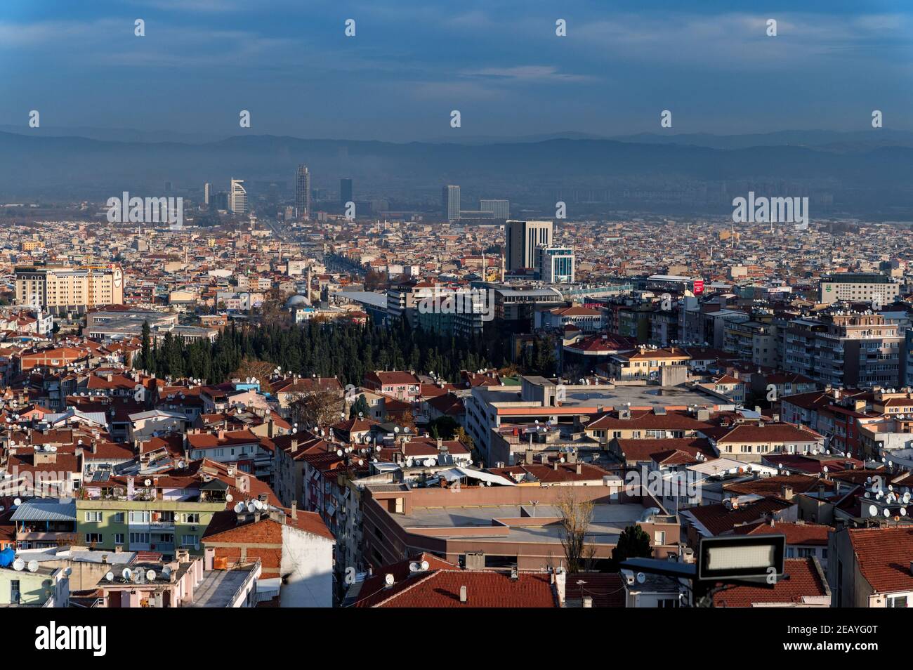 BURSA, TURKEY - 10 DECEMBER 2020: Panoramic view with dramatic coulds ...