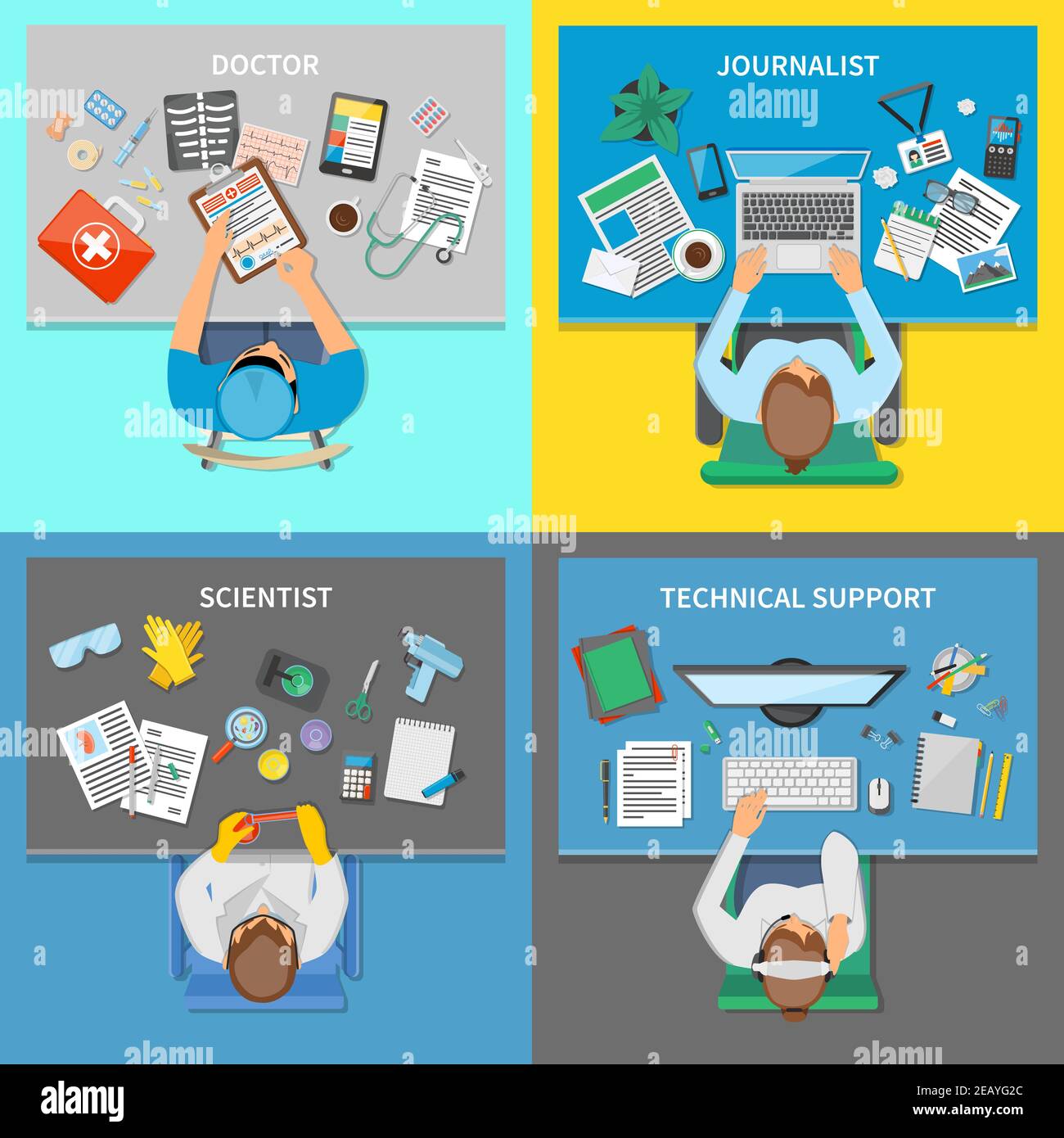 Professions 2x2 Design Concept Set Of Doctor Scientist Journalist Top View Workplaces Flat