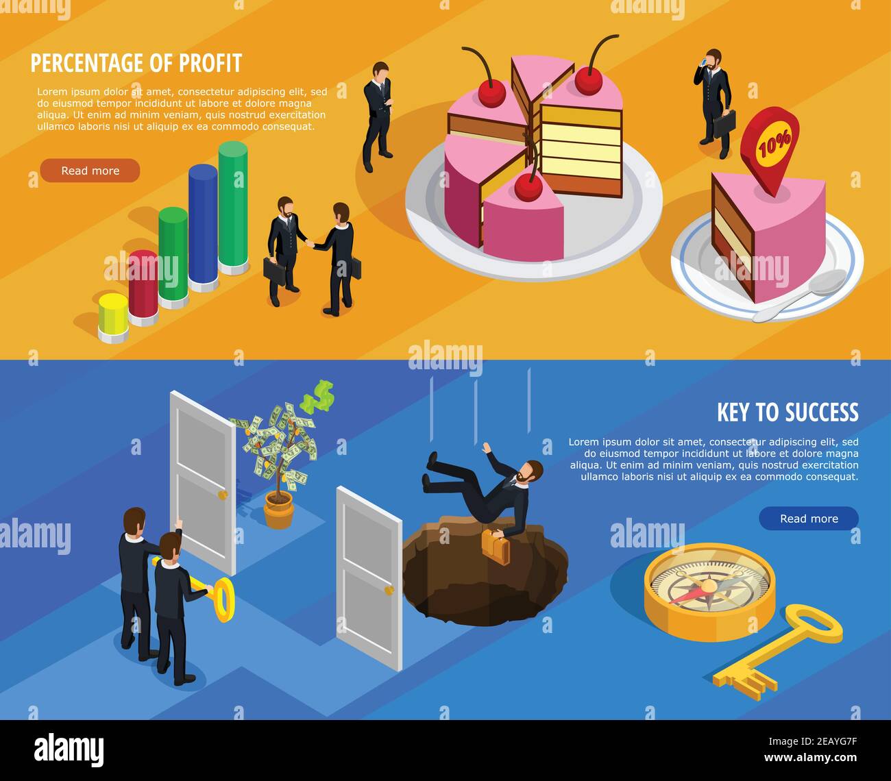 Business development isometric horizontal banners with goal setting and ...