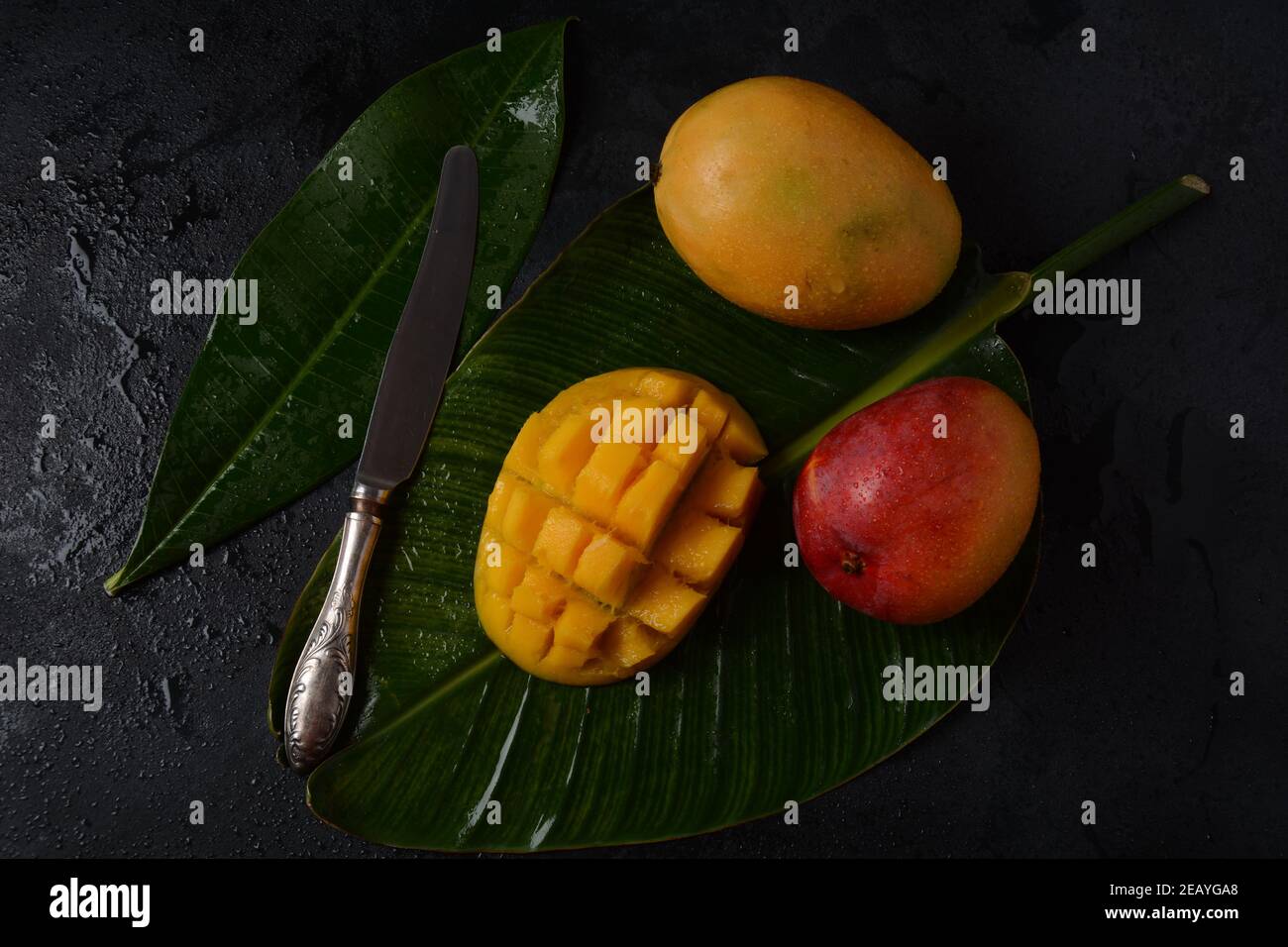 Fresh mango fruit with sliced diced mango chunks on a plate or on ...