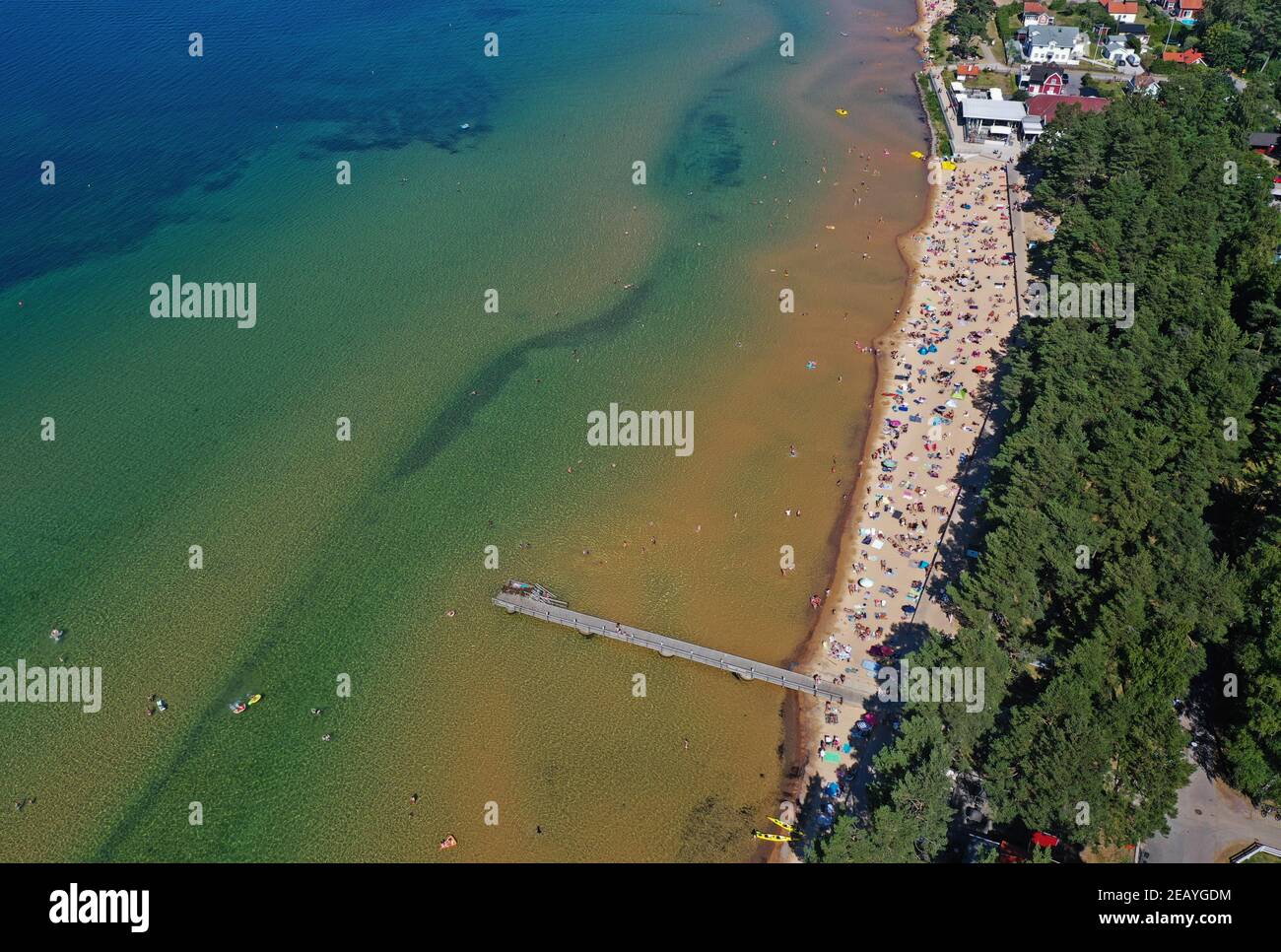 MOTALA, SWEDEN- 16 AUGUST 2020: Aerial view of the beach at Varamobaden ...
