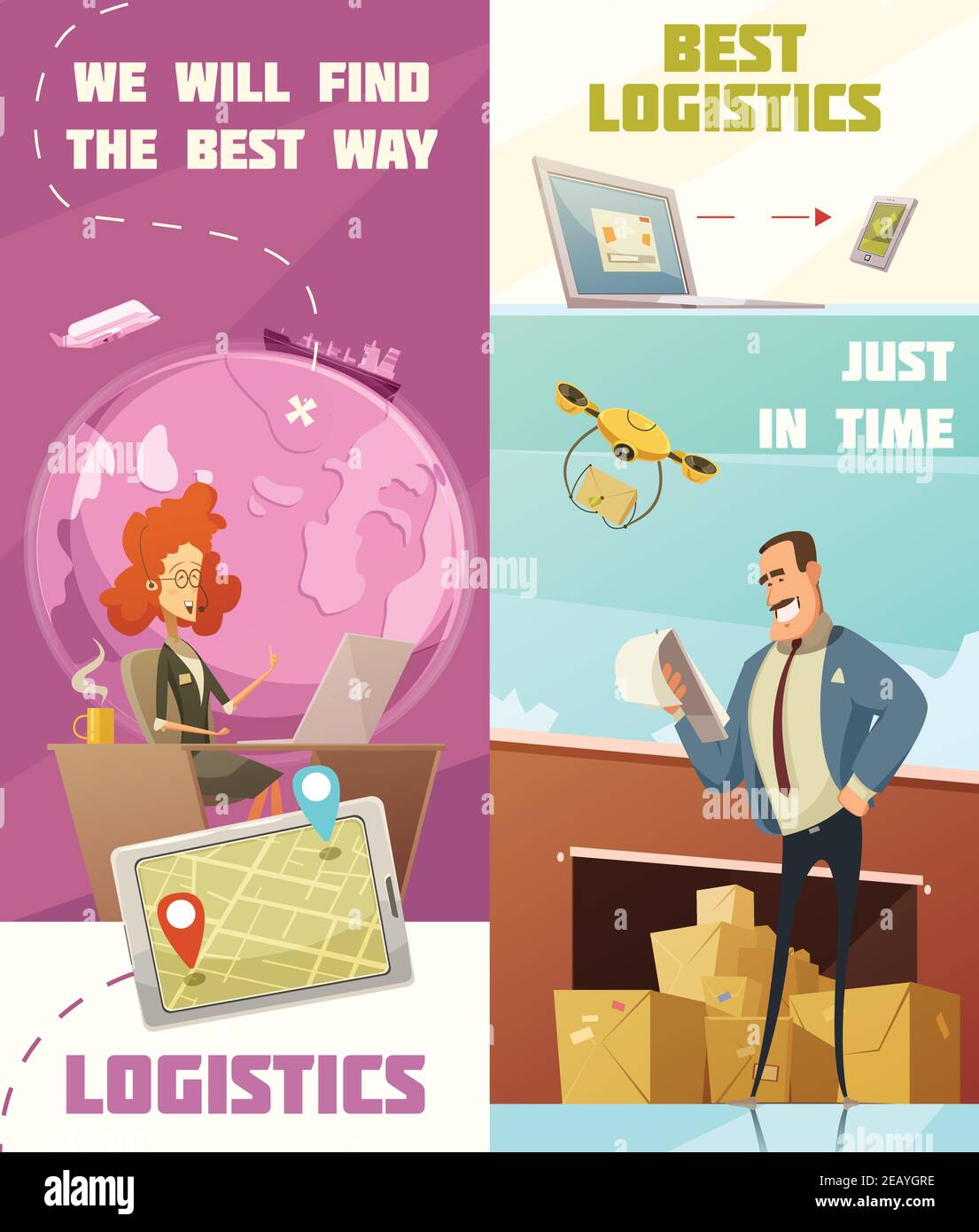 Logistics vertical cartoon banners set with cargo symbols isolated ...