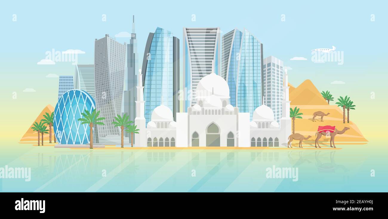 United arab emirates poster with view at mosque and modern buildings on ...