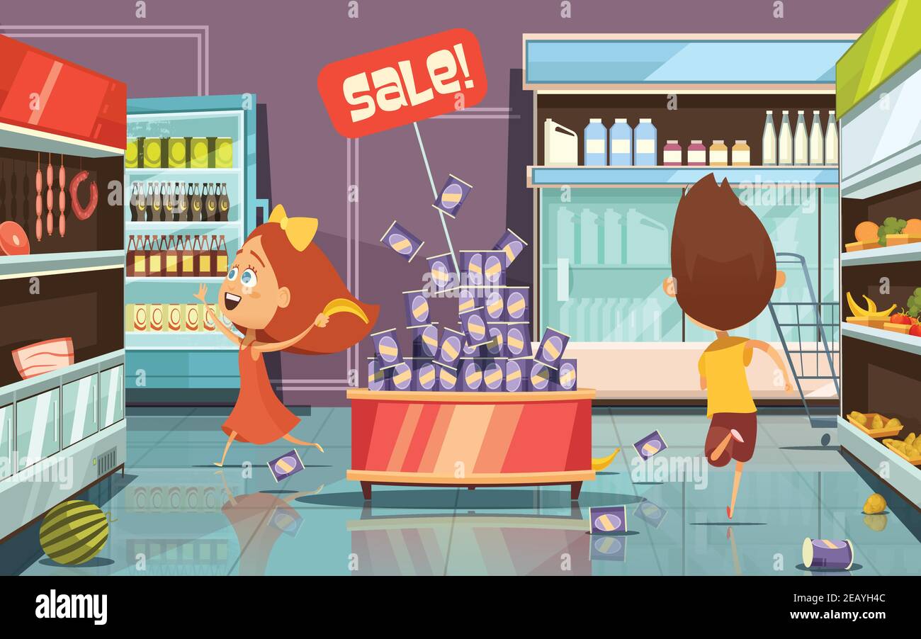 Running kids in a shop with mess food and drinks cartoon vector ...