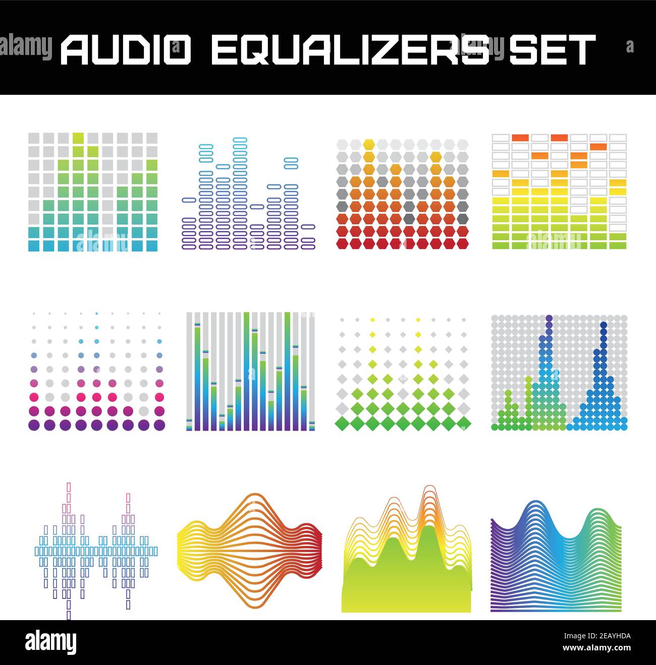 Bright audio equalizer set with sound waves symbols flat isolated ...