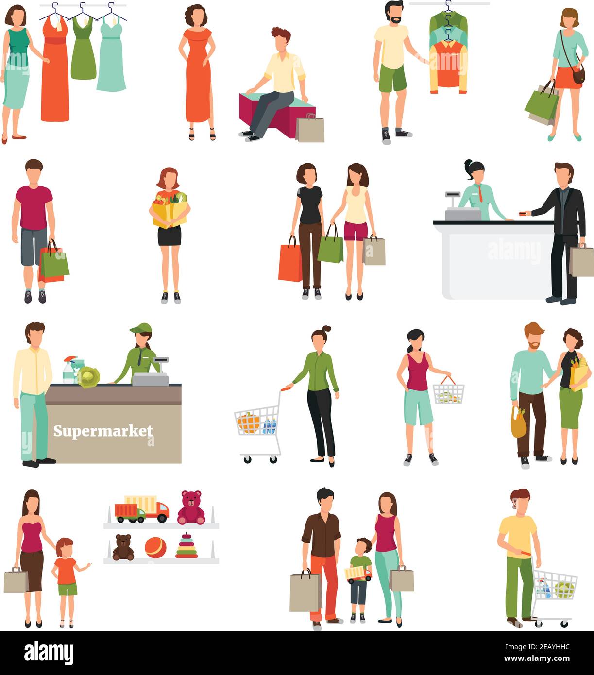 Shopping people set with supermarket symbols flat isolated vector ...