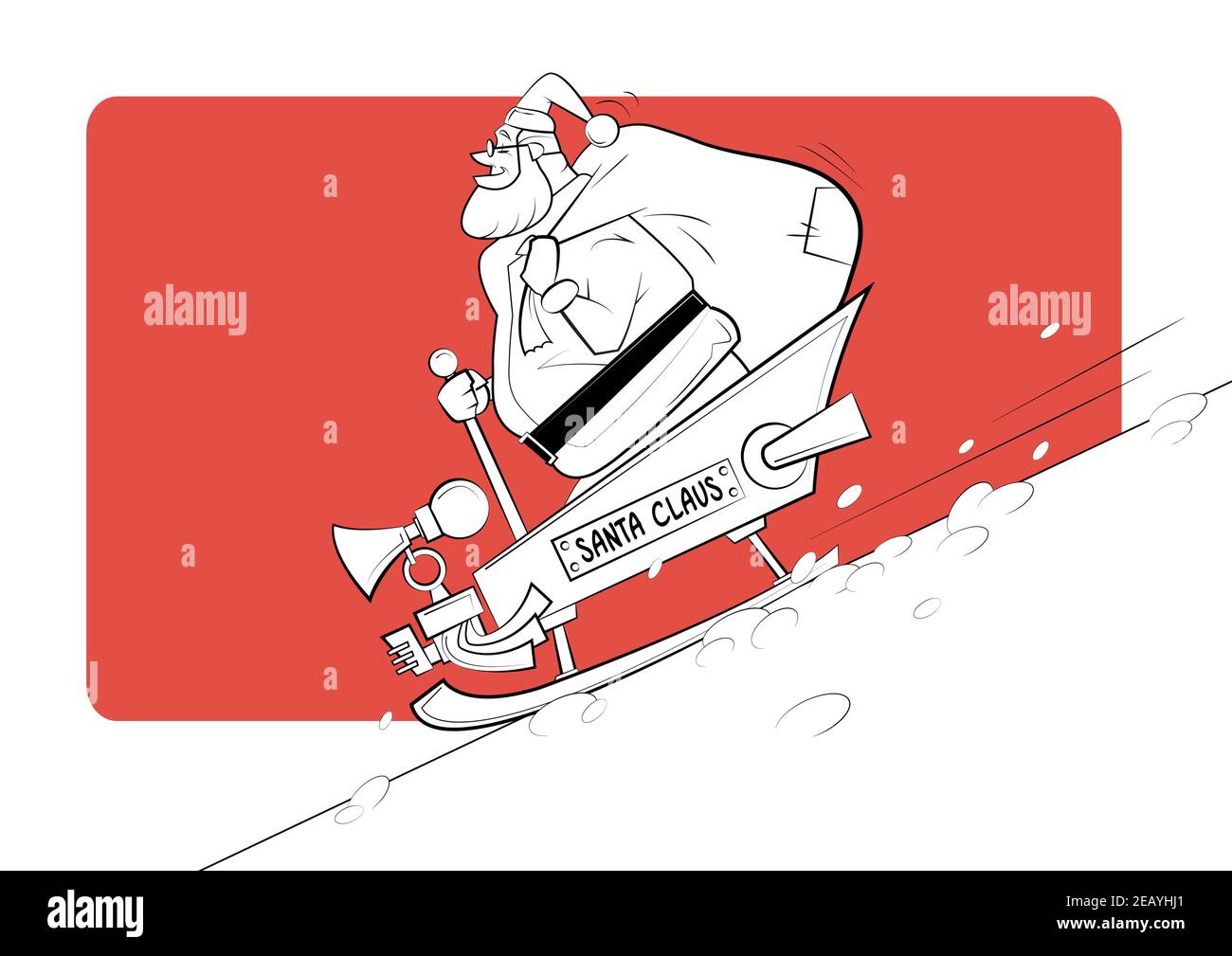 Cartoon Santa Claus goes down the mountain in sleigh with bag of gifts ...