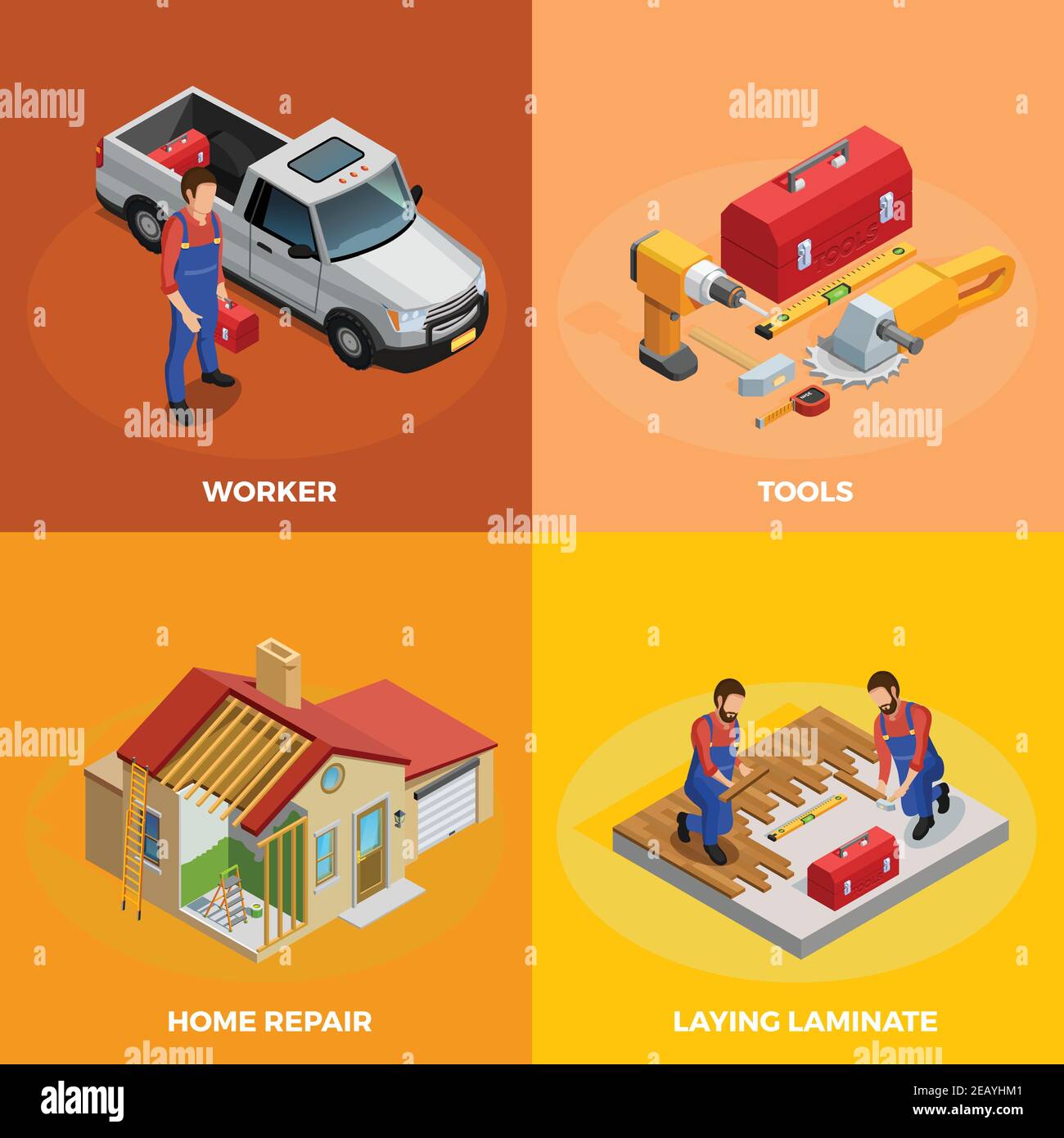 Home improvement isometric template with foreman instruments building construction and floor ...