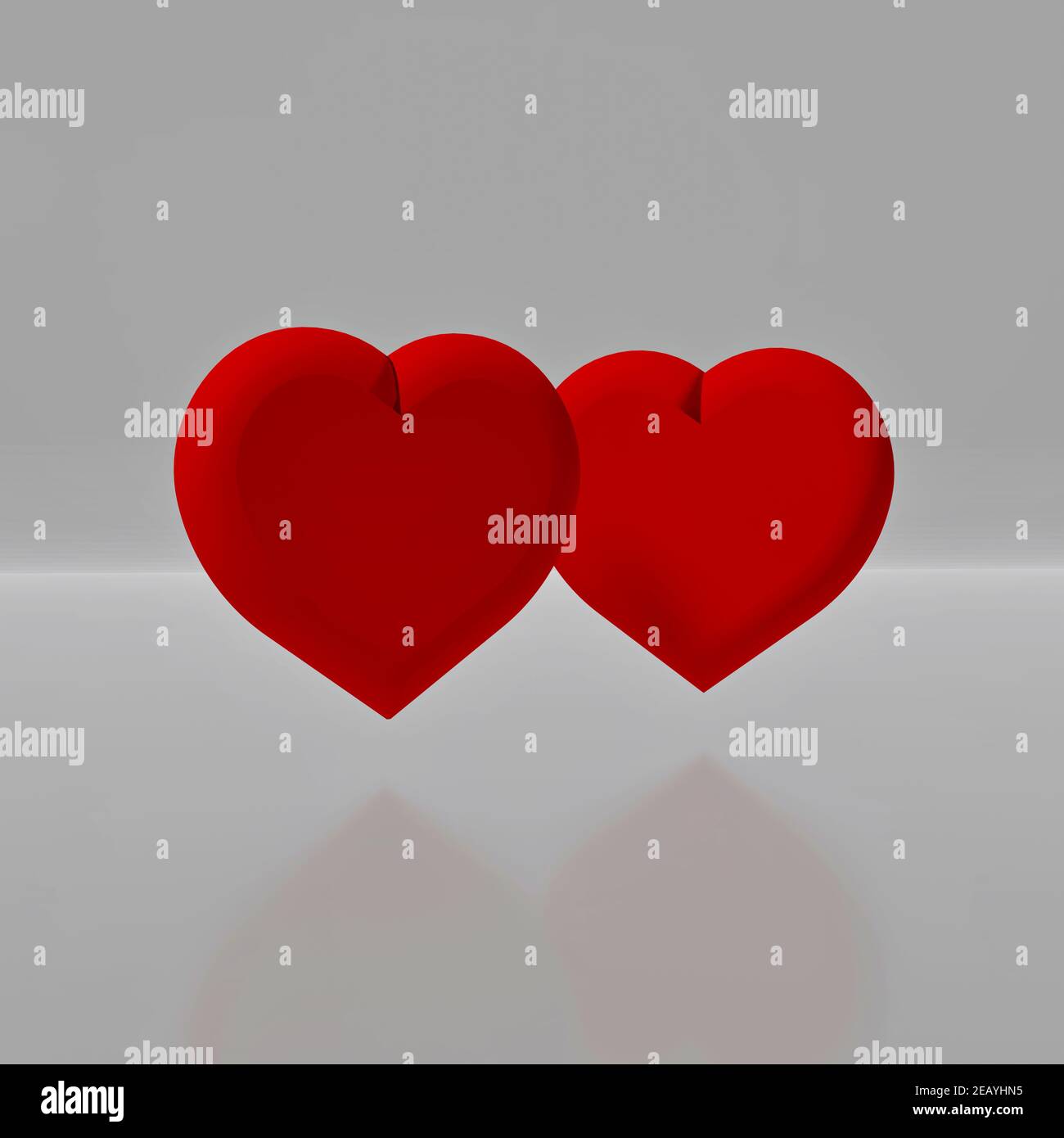 Two nicely shaped 3D red hearts with reflection, 3D rendering, postcard ...