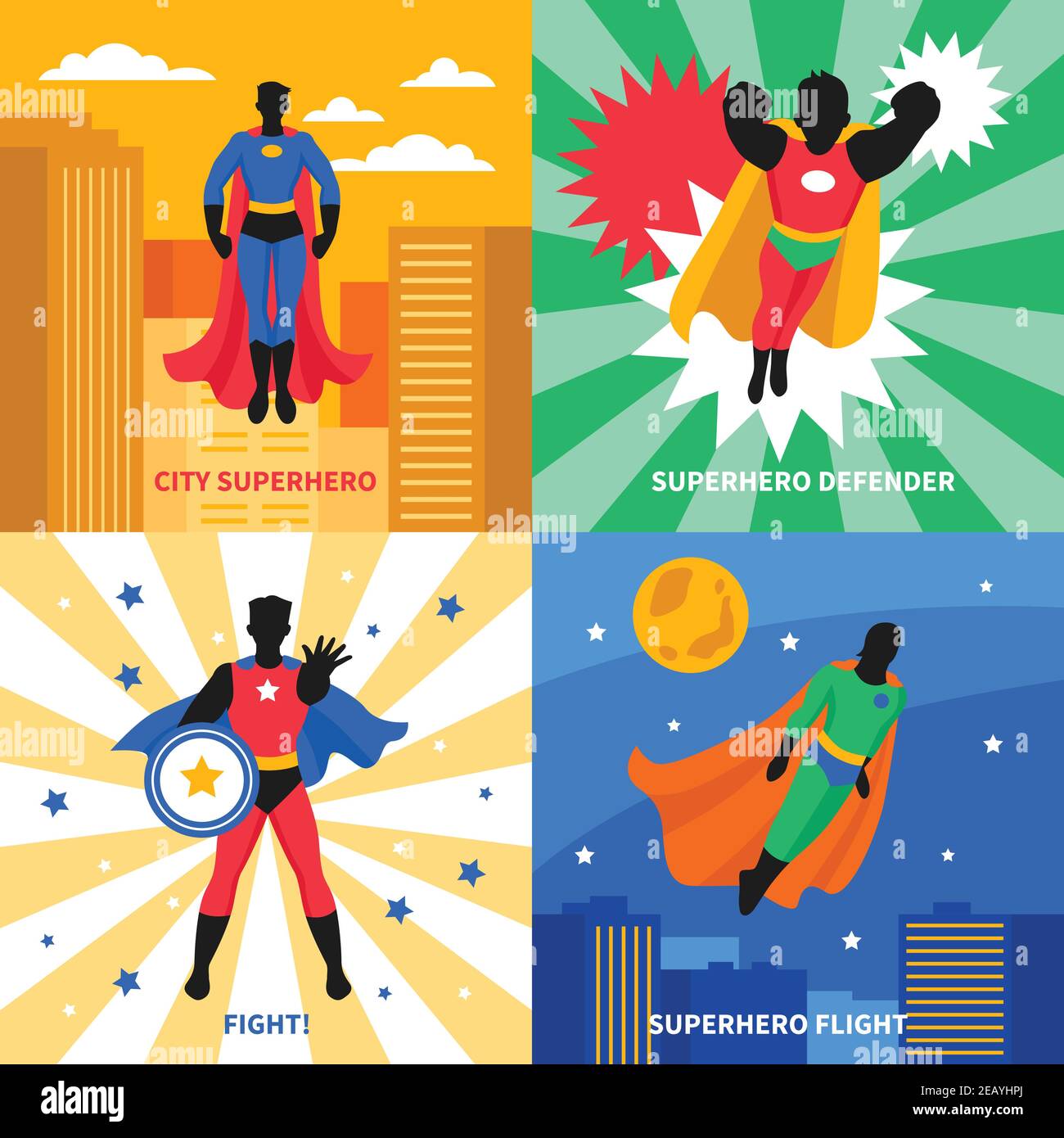 Superhero defender 2x2 design concept set of colorful compositions on ...
