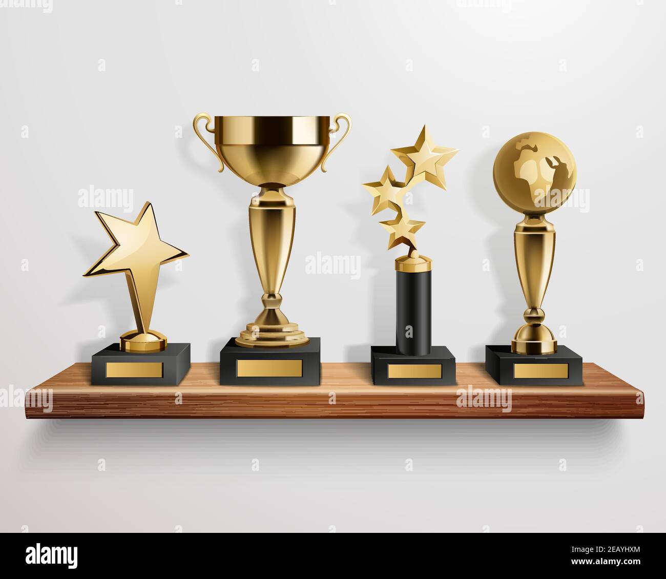 Realistic shiny golden trophy awards on wooden shelf on grey background ...