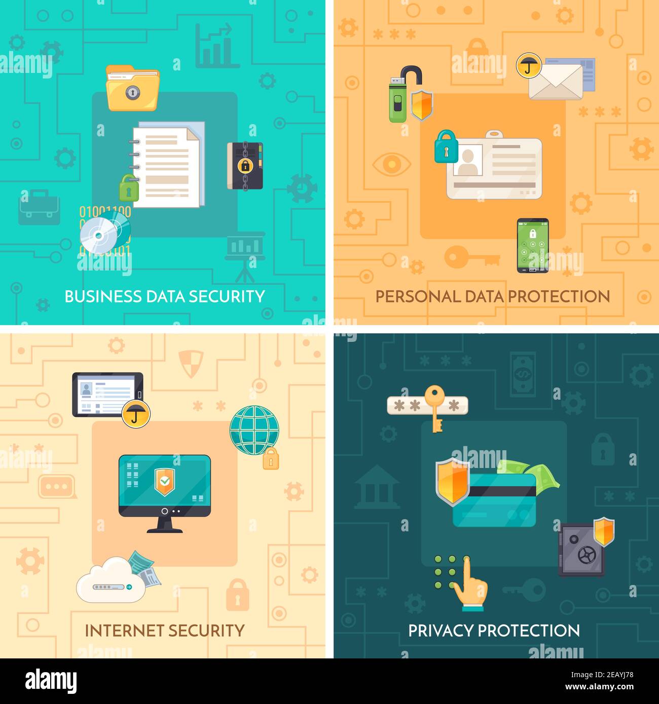 Internet security 4 flat icons square composition with personal private ...