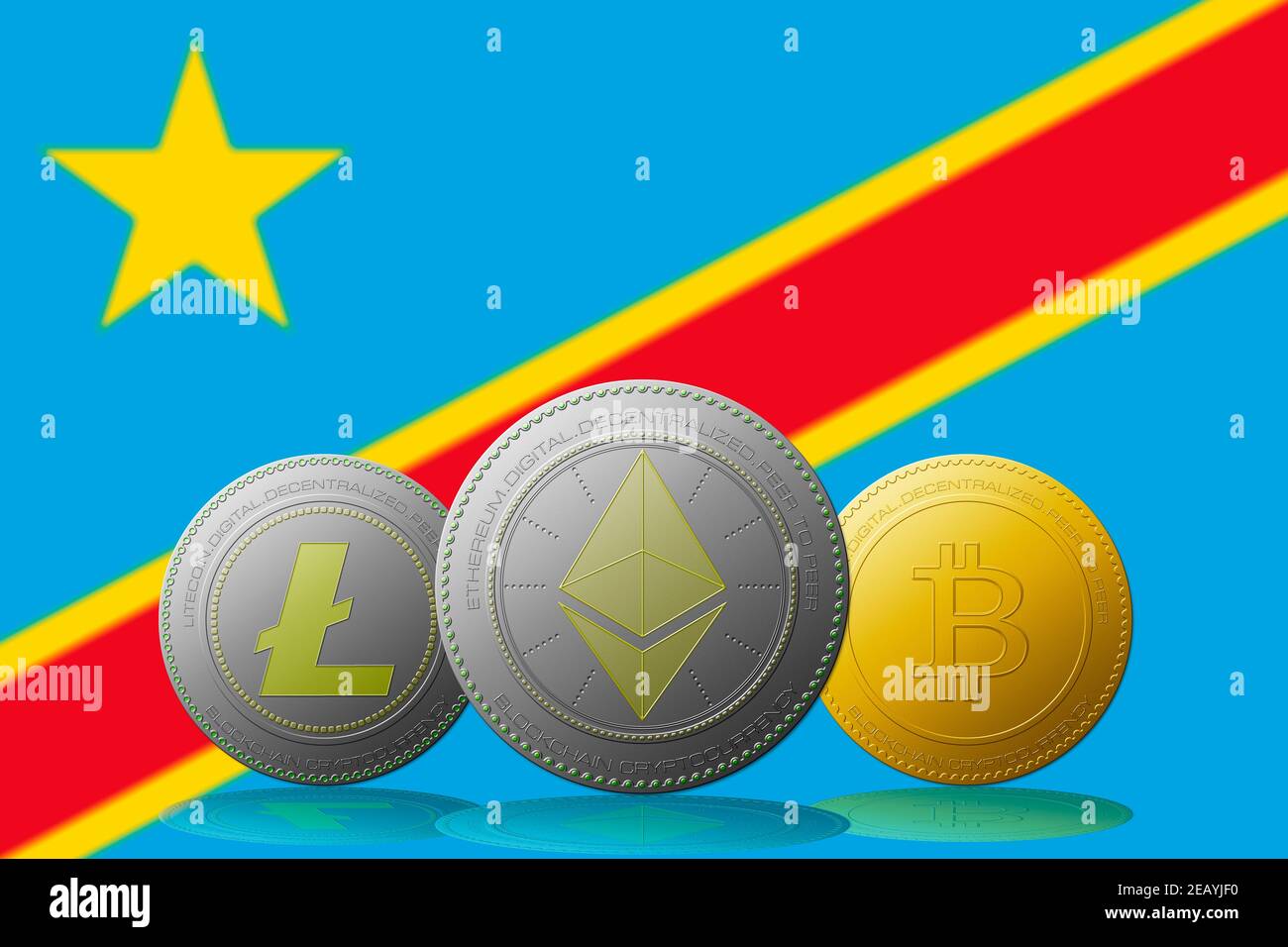 3D illustration Three cryptocurrencies Bitcoin Ethereum and Litecoin ...