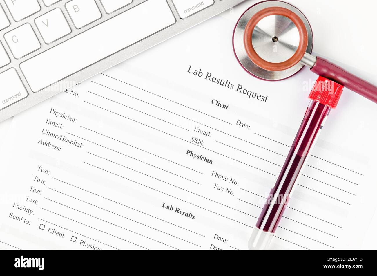 Lab results request form and sample blood in tube with stethoscope ...