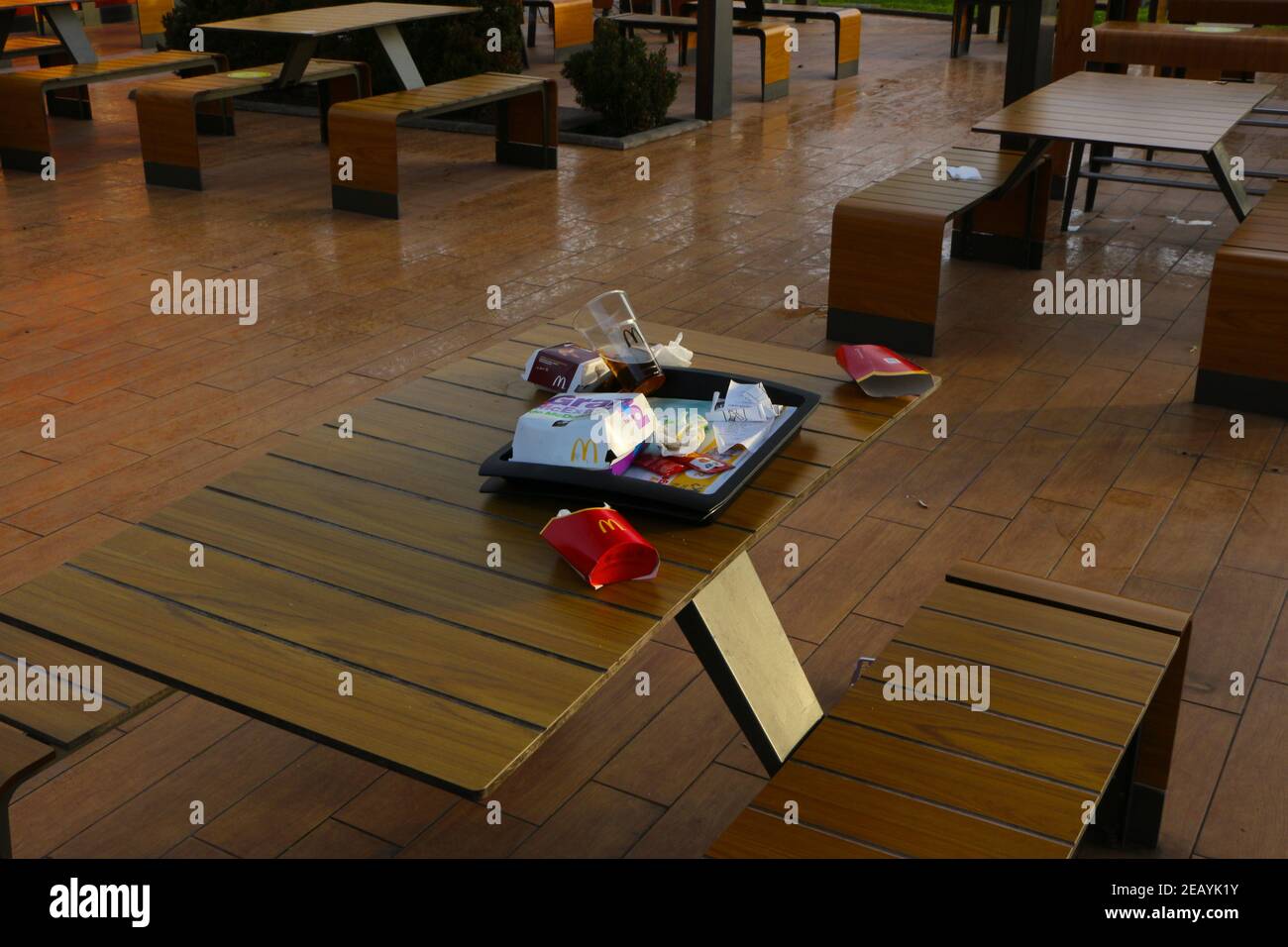 Tray of rubbish left on an outside table overnight at the McDonald's ...