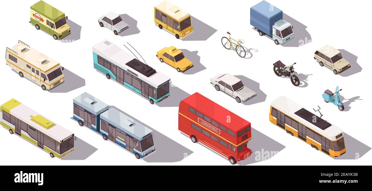Transport isometric set with bus car and bicycle isolated vector ...