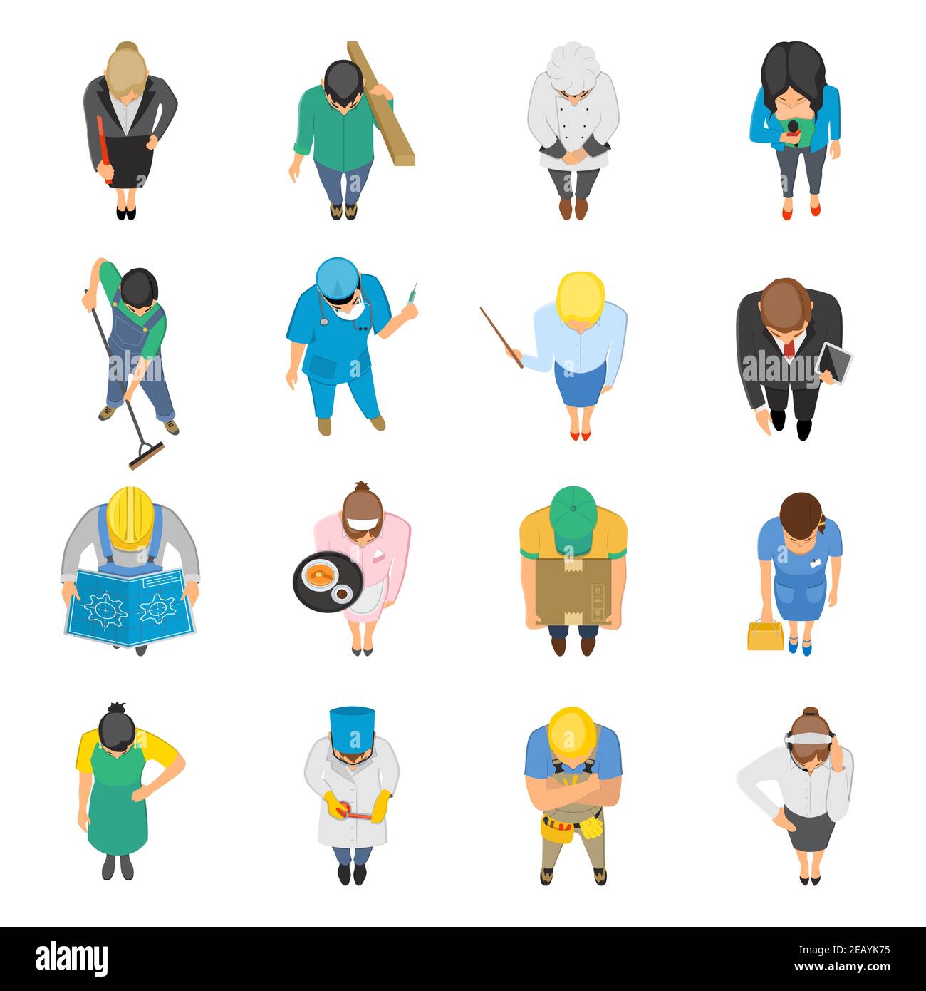 Professions top view isolated colored icons set of waitress doctor ...