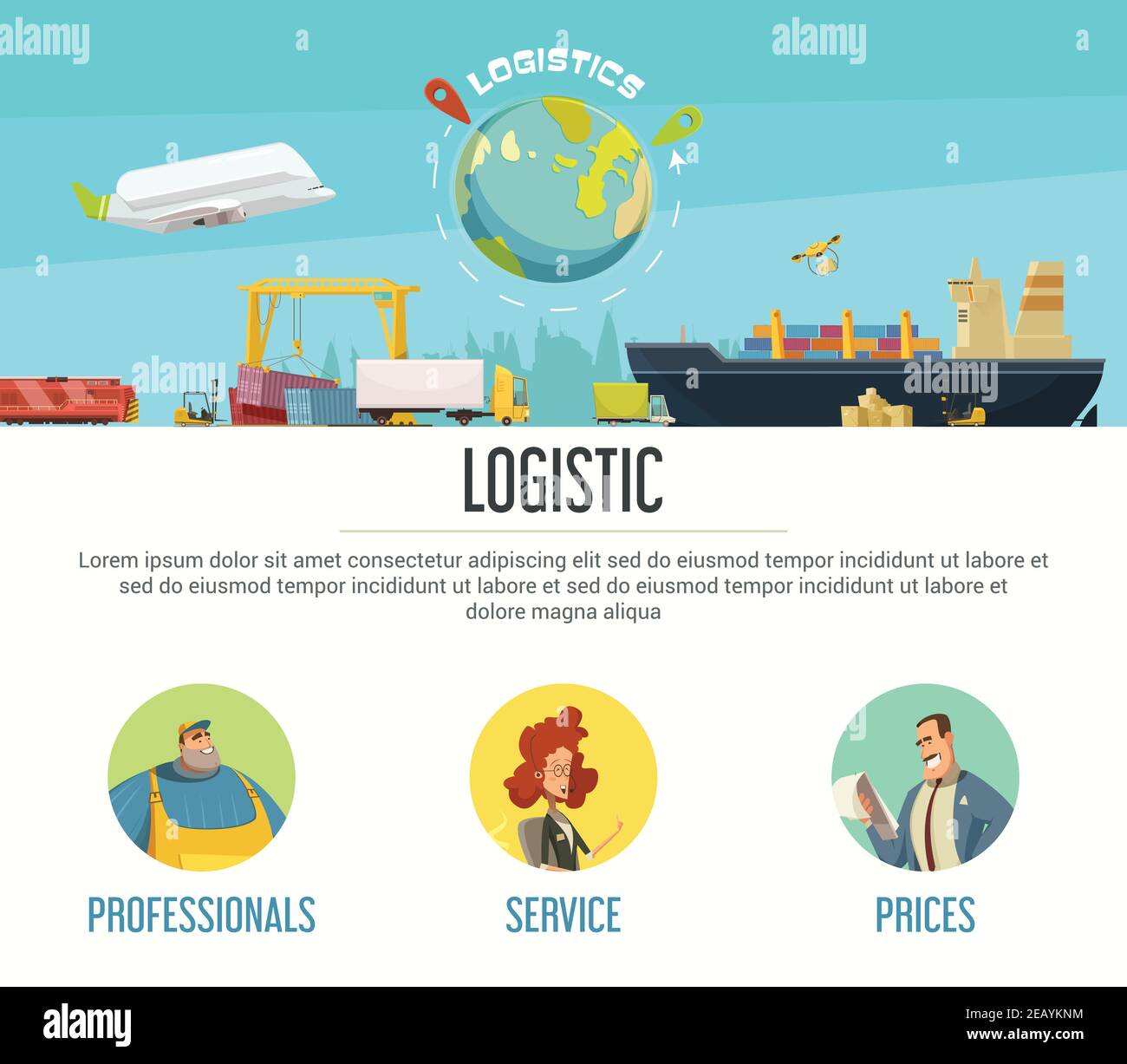 Logistics page design with professionals and prices symbols cartoon ...