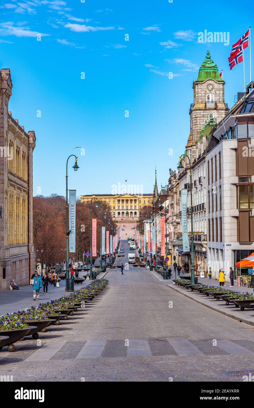 OSLO, NORWAY, APRIL 16, 2019: Karl Johans gate street leading to the ...