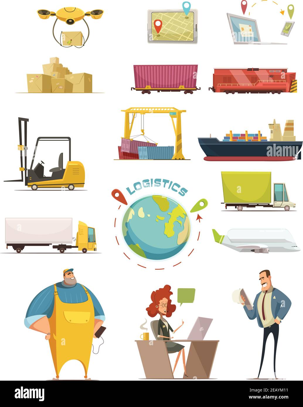 Logistics cartoon icons set with cargo symbols isolated vector ...