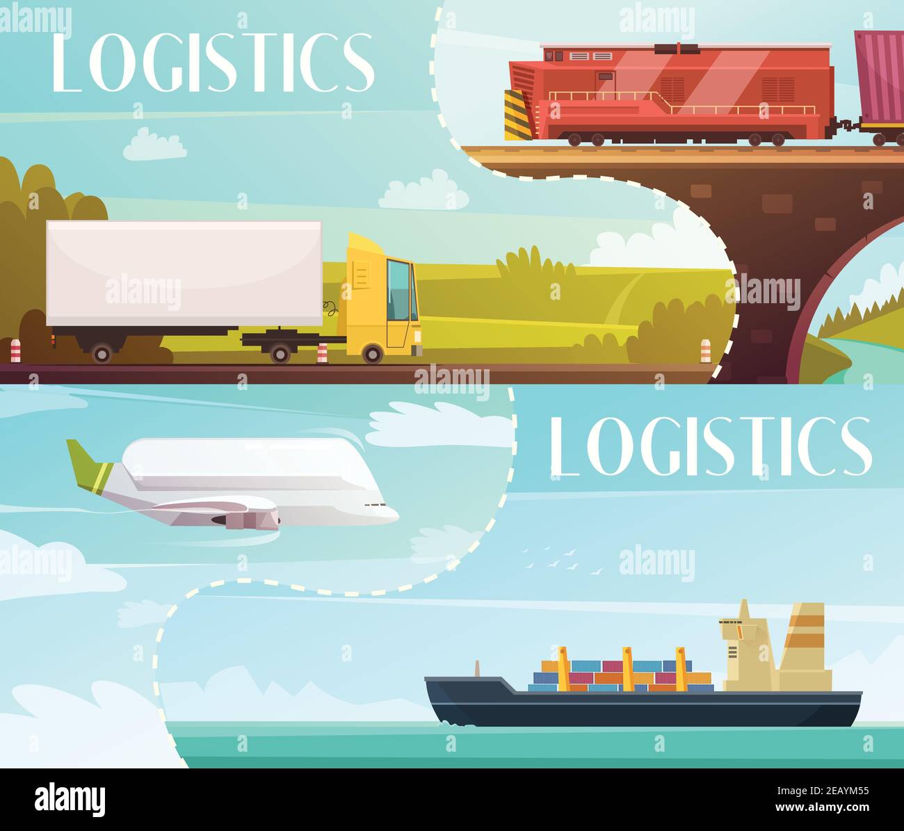 Logistics cartoon horizontal banners set with delivery symbols isolated ...