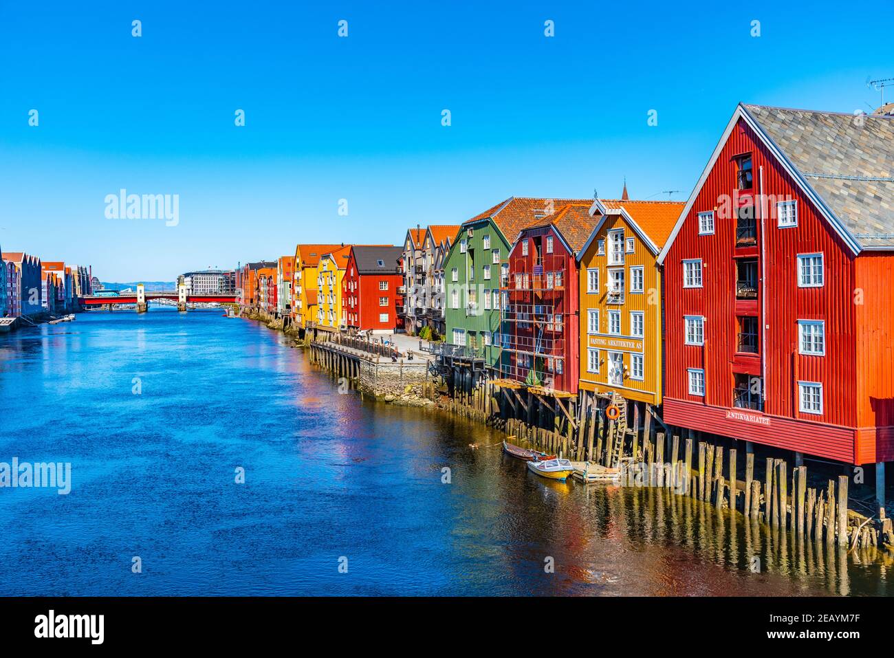 TRONDHEIM, NORWAY, APRIL 17, 2019: Colorful timber houses surrounding ...
