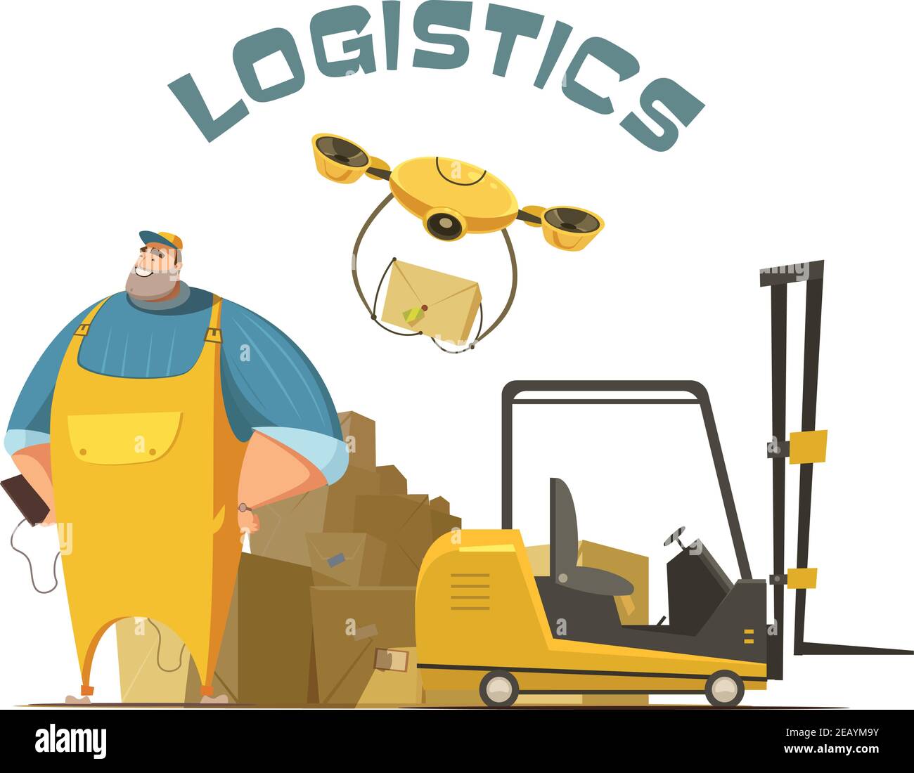 Logistics retro cartoon concept with worker loader and boxes vector ...