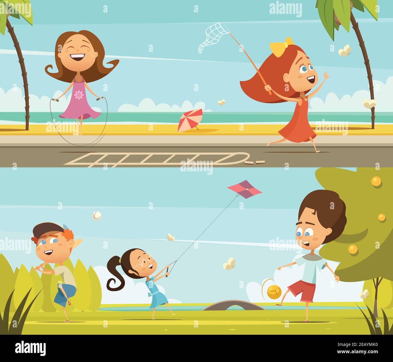 Playing kids horizontal banners set with outdoor activities symbols ...