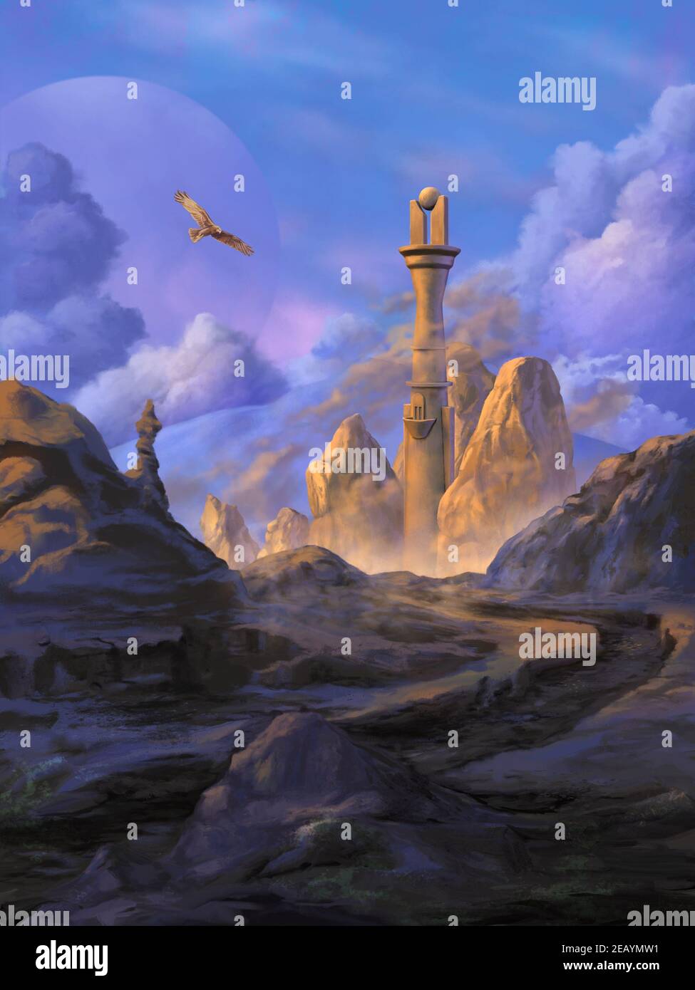 Fantasy landscape with a rocky path leading to a mysterious tower ...