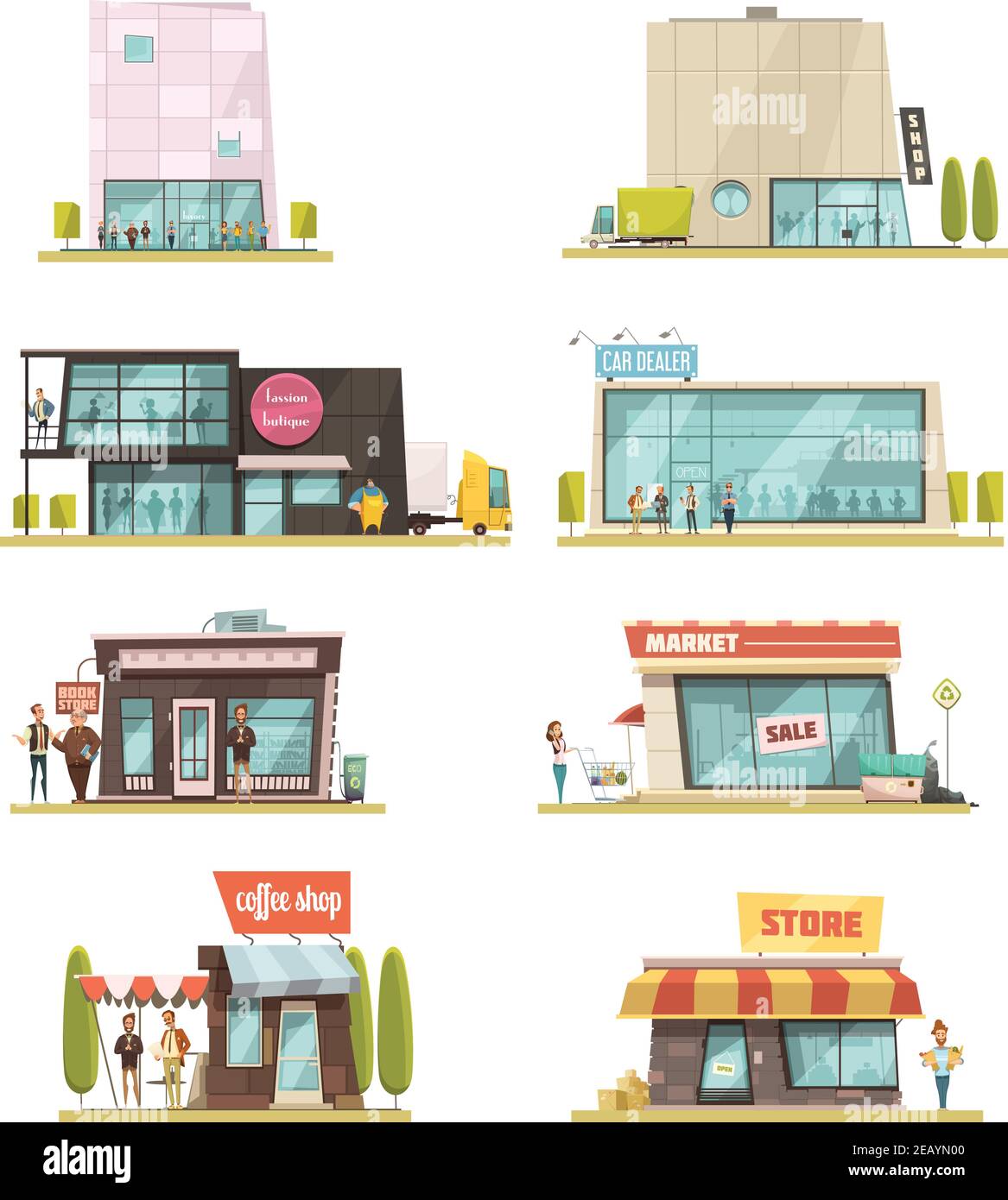 Supermarket building set with coffee shops symbols cartoon isolated ...