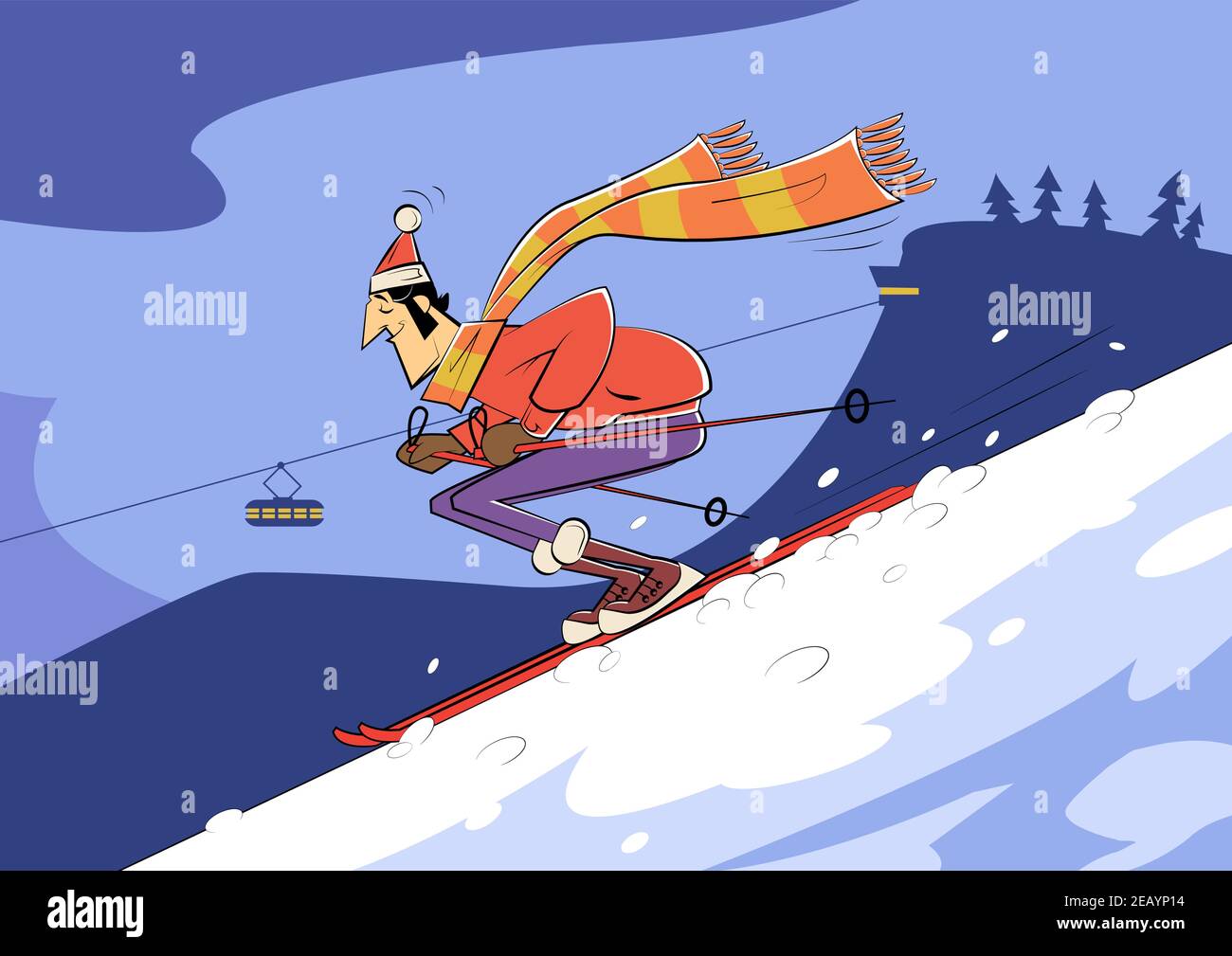 Cartoon skier riding down the mountain. Vector illustration Stock ...