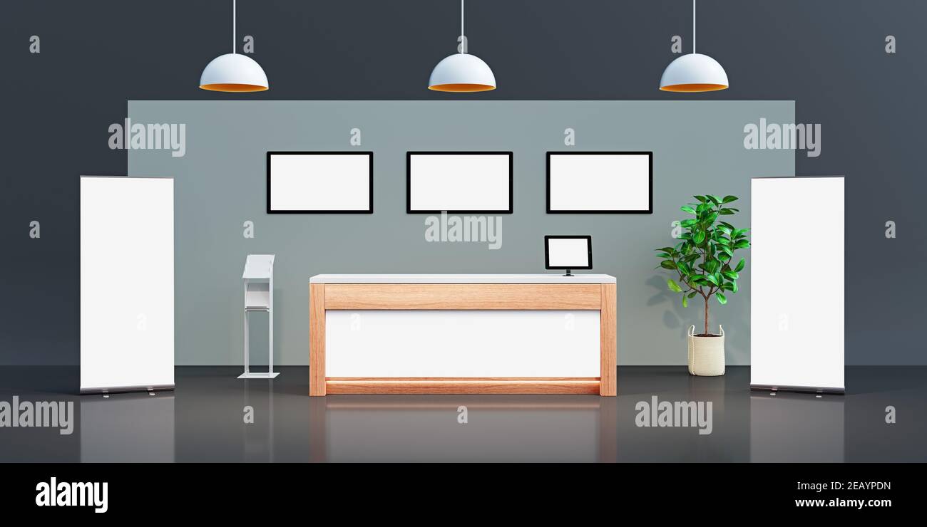 Expo booth or stand with reception desk and empty white mock up screen ...