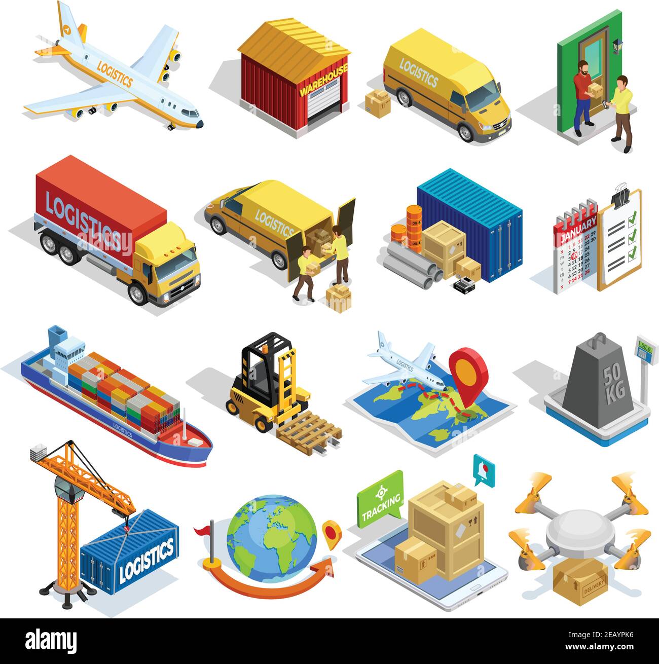 Logistics isometric icons set of different transportation distribution ...