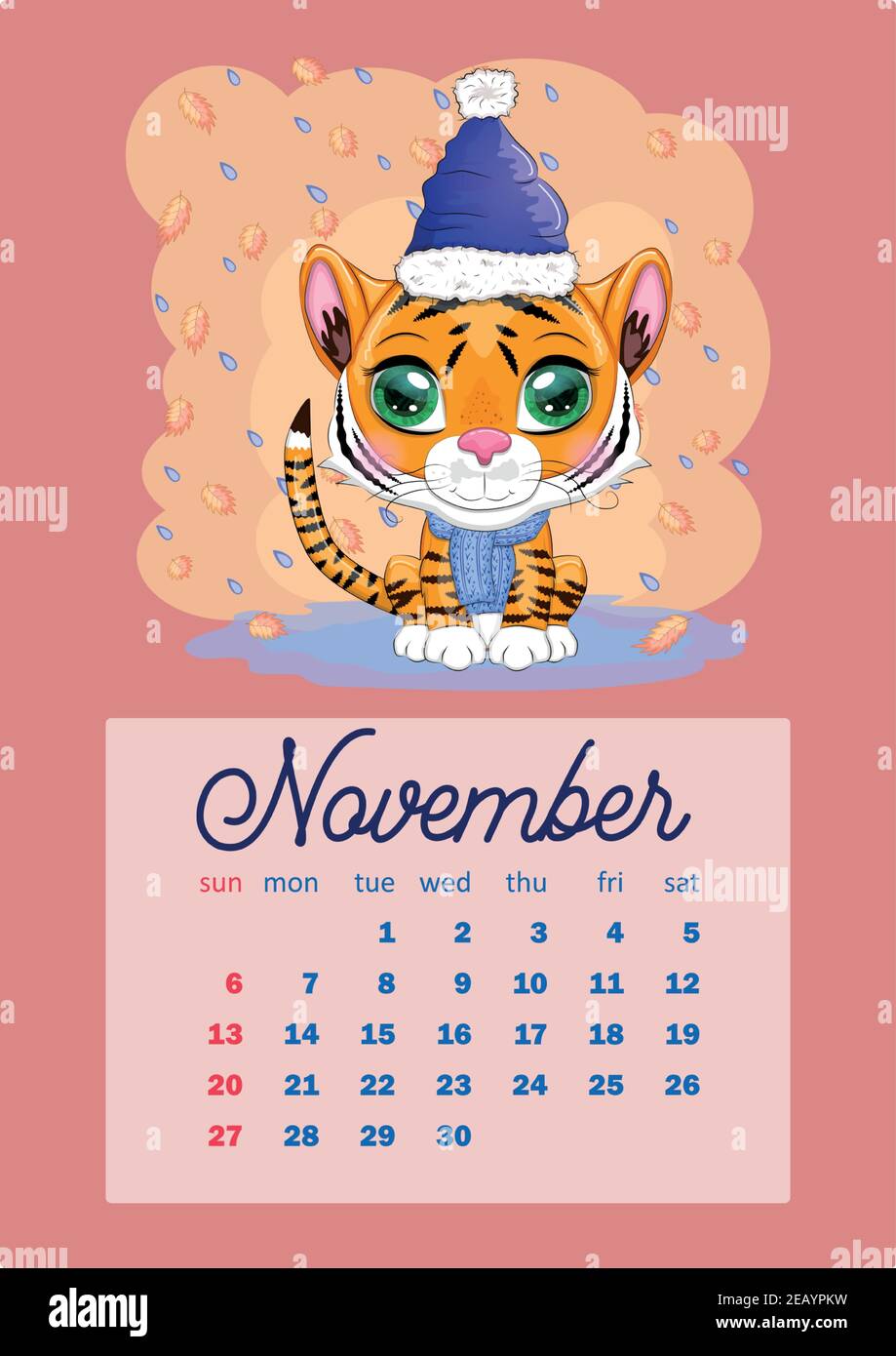 Cute Tiger Wall Calendar Template for 2022, Year of the Tiger, Chinese ...