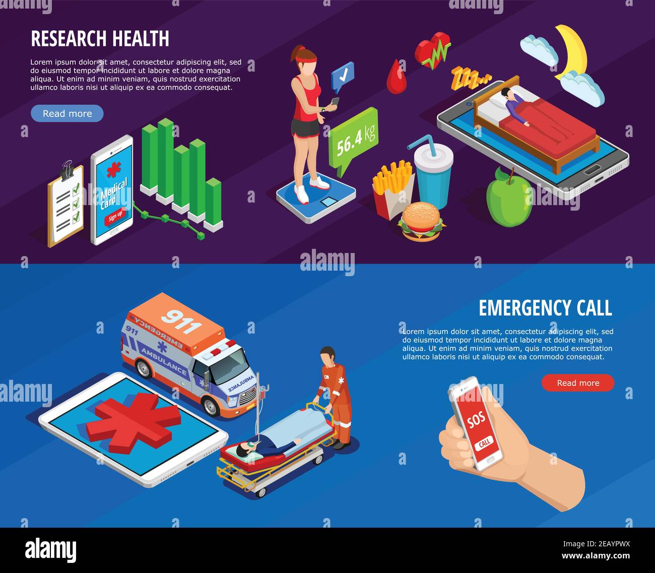 Digital medical isometric horizontal banners with the state of health ...